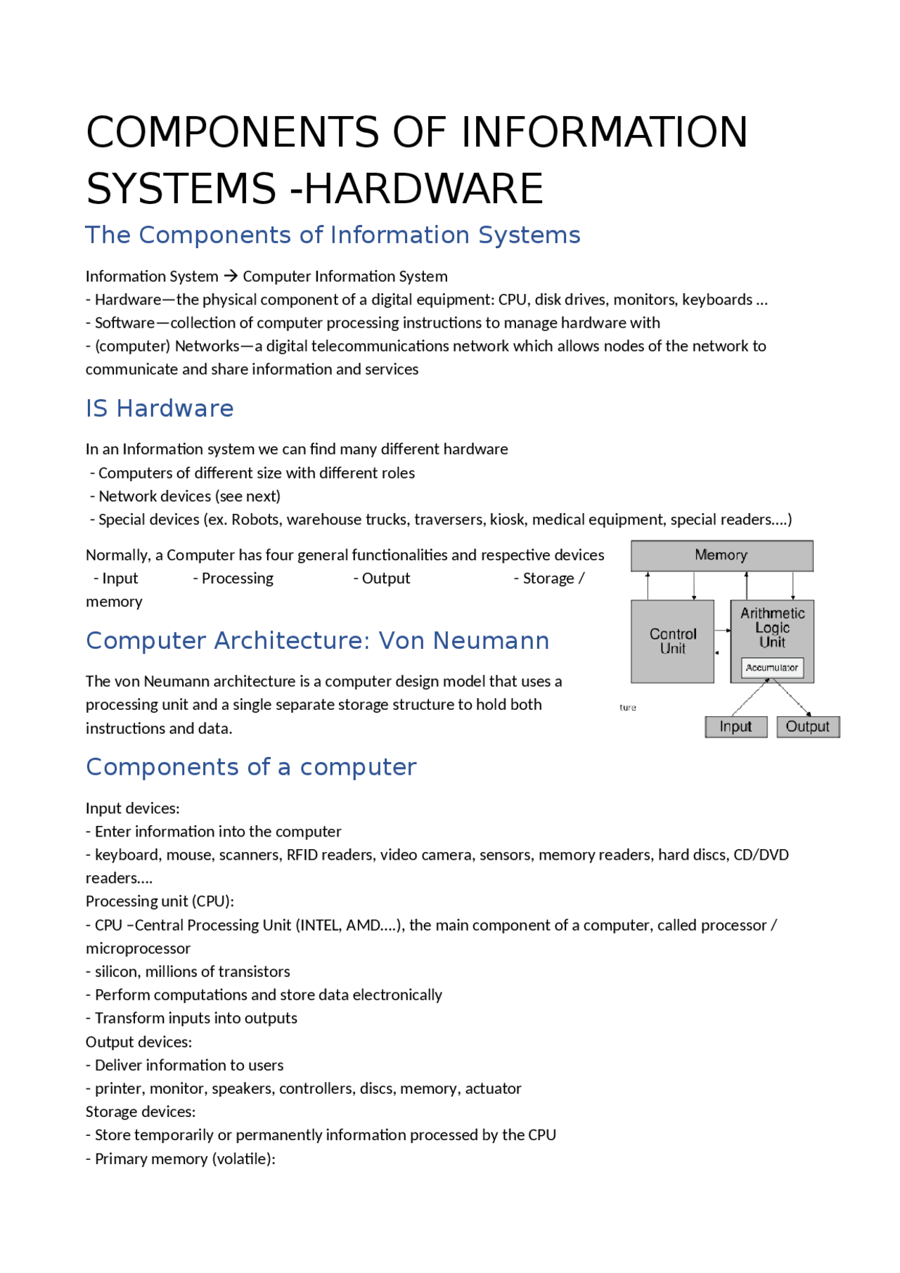 Components Of Information Systems Hardware Appunti Di Computer