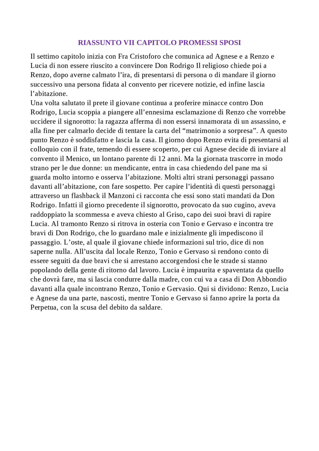 Riassunto VII capitolo Promessi Sposi - Docsity