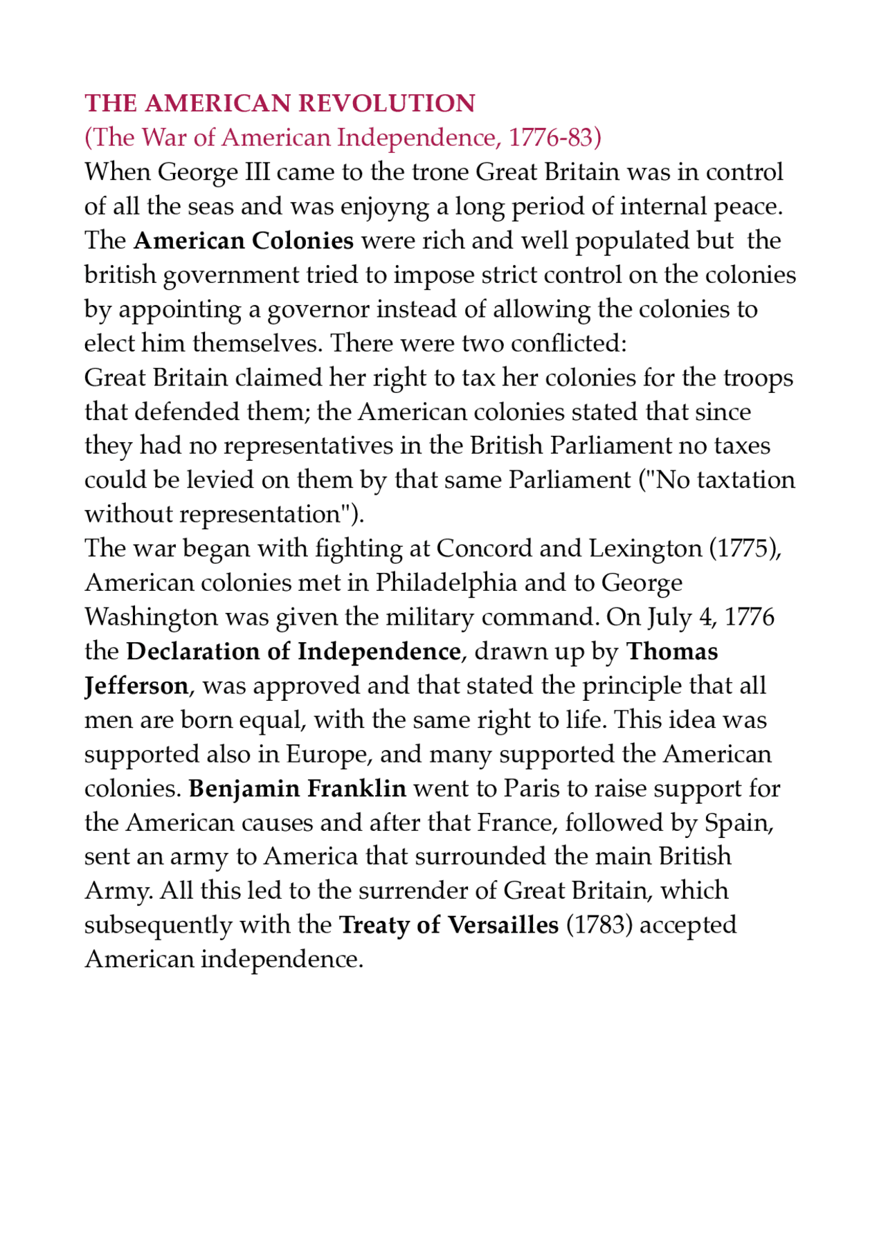 The American Revolution, The War of American Independence - Docsity