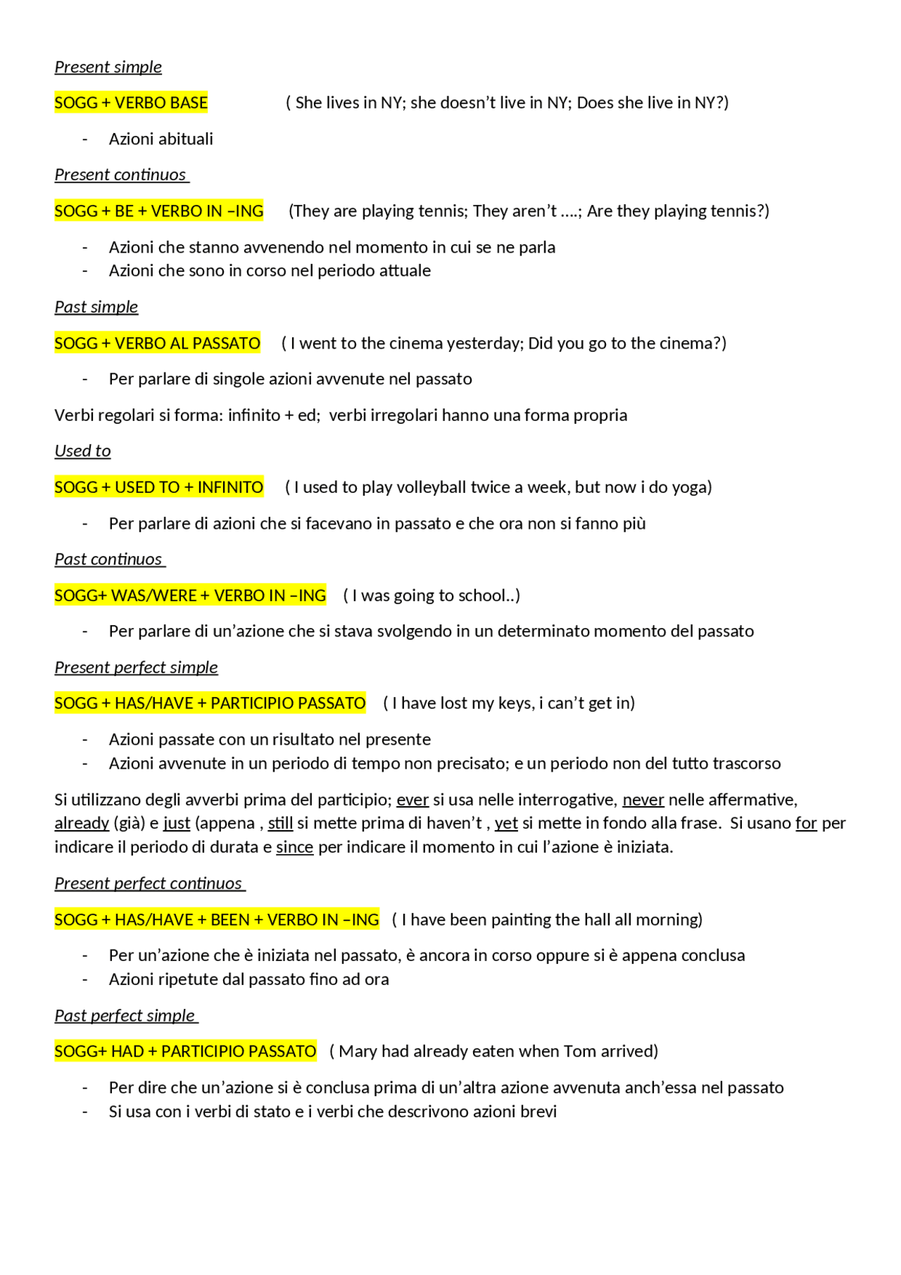Schema generico dei tempi verbali | Schemes and Mind Maps of English Language | Docsity