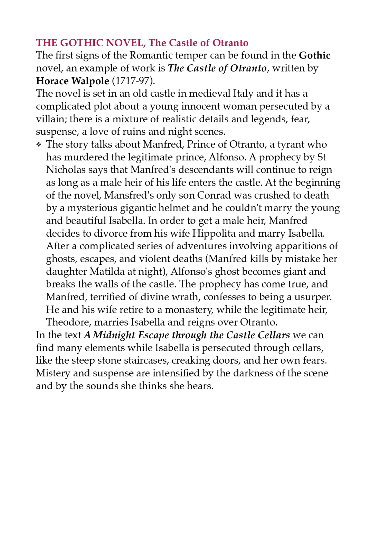 The Gothic Novel, The Castle of Otranto by Horace Walpole - Docsity