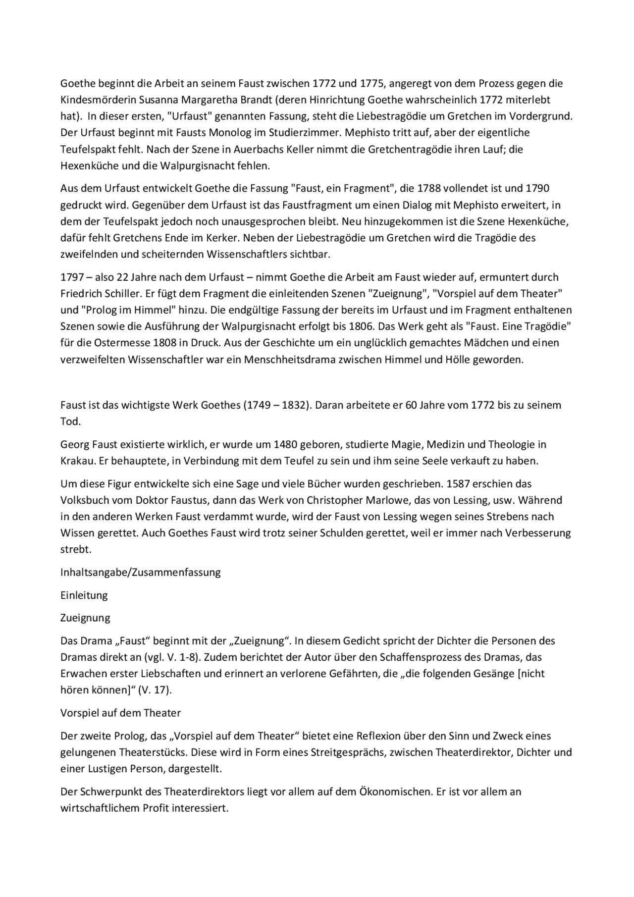 Faust Zusammenfassung Docsity
