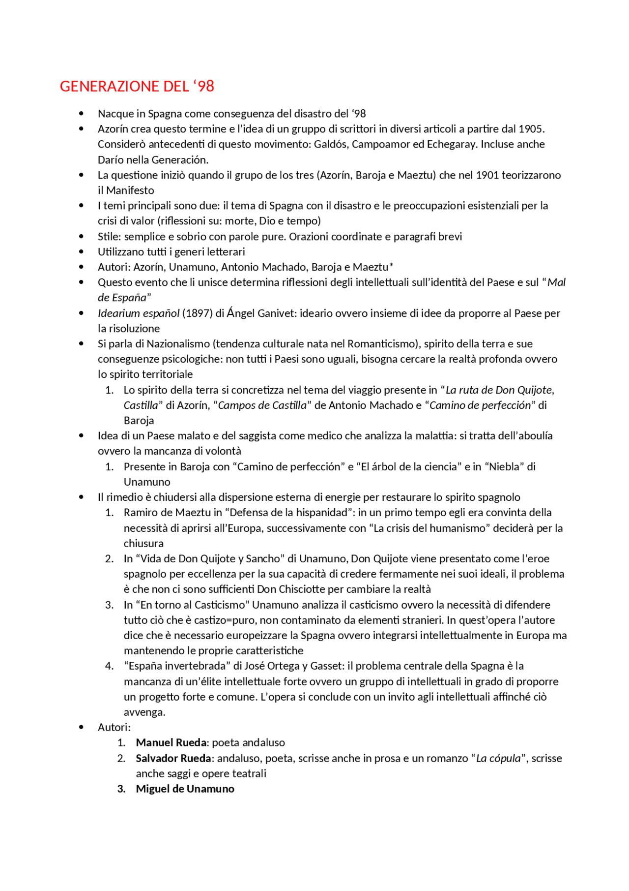 La Generazione del '98 - Docsity