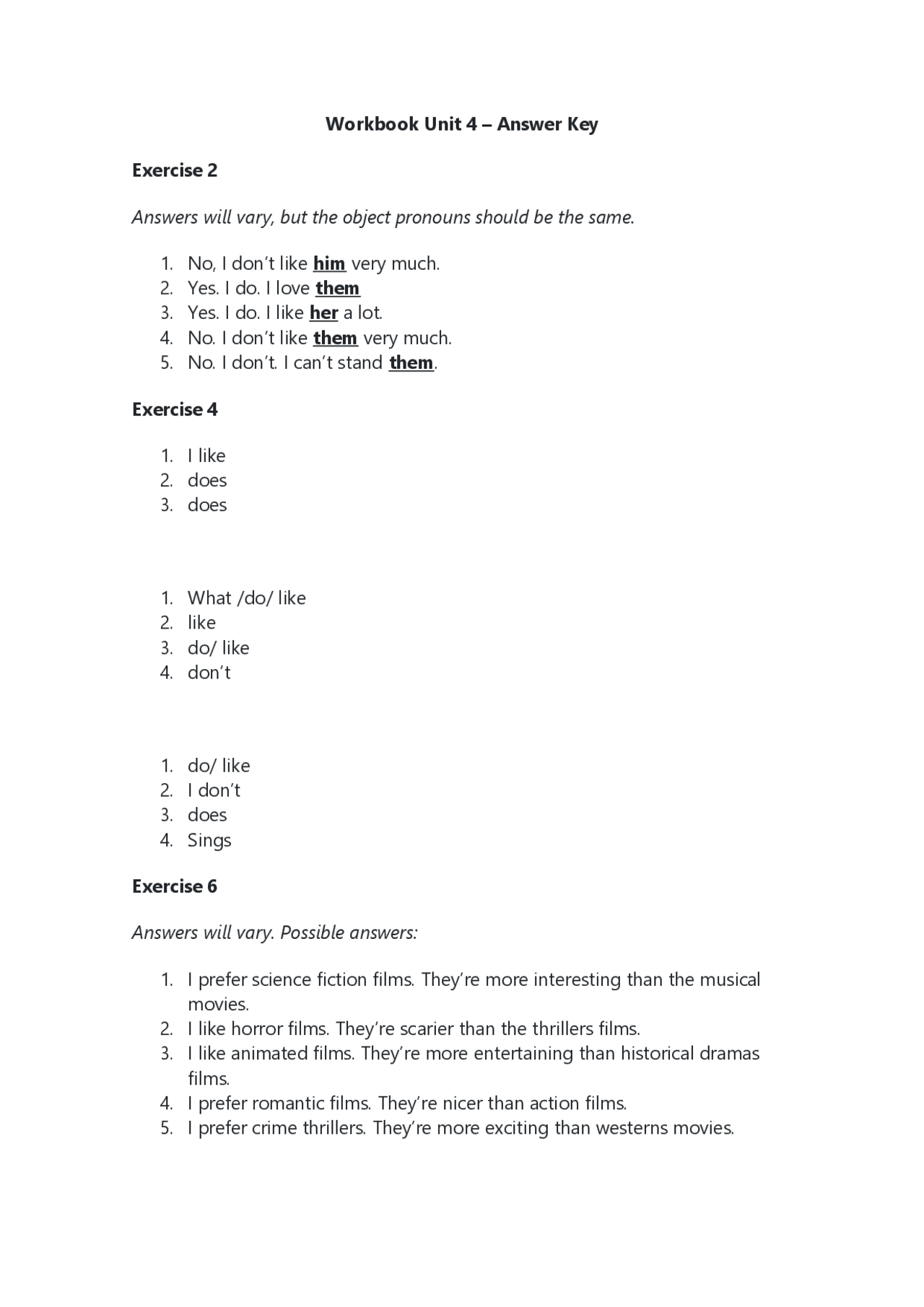 Workbook Unit 4 - Answer Key | Exámenes de Inglés | Docsity