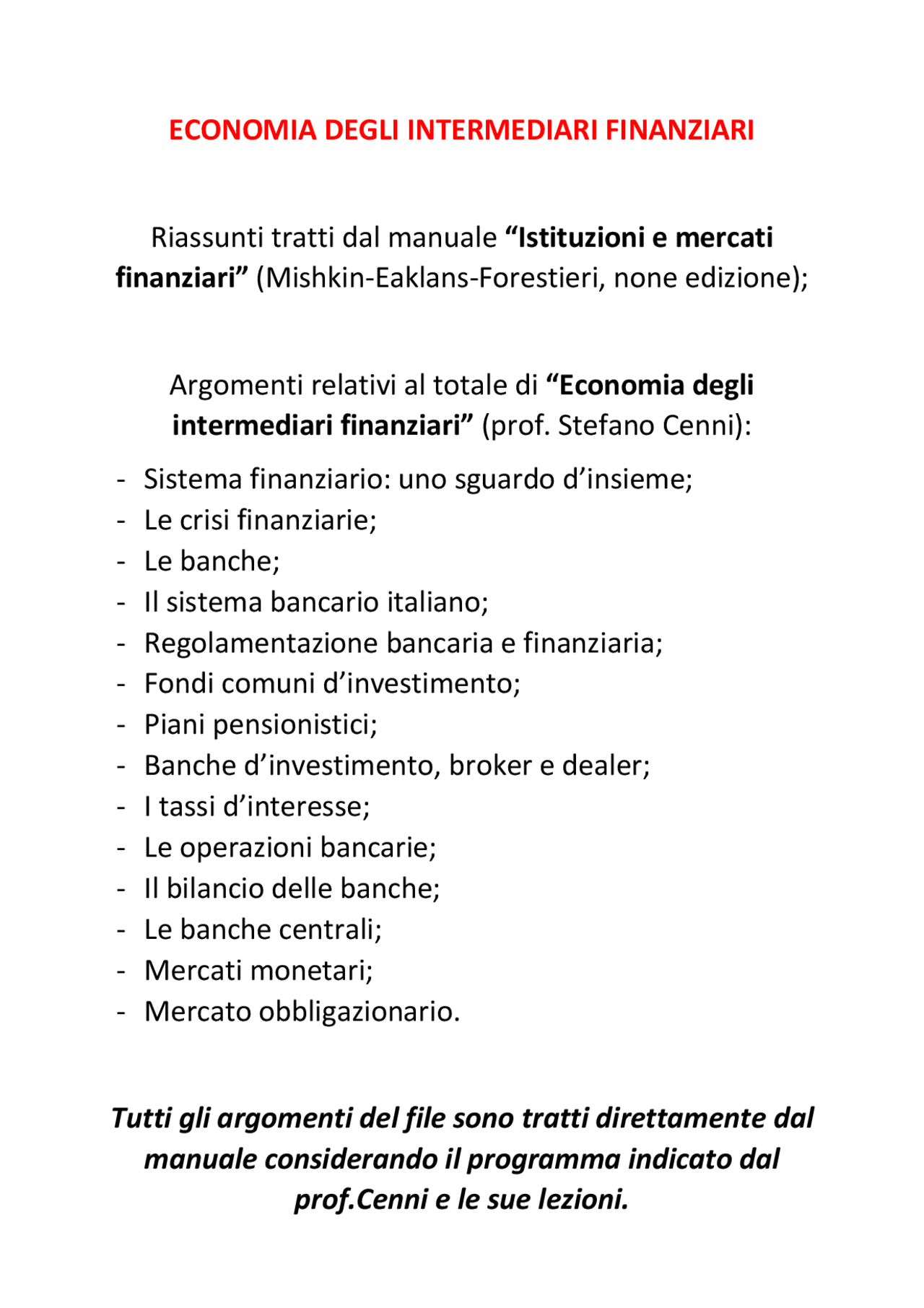 Economia degli intermediari finanziari (totale) - Docsity