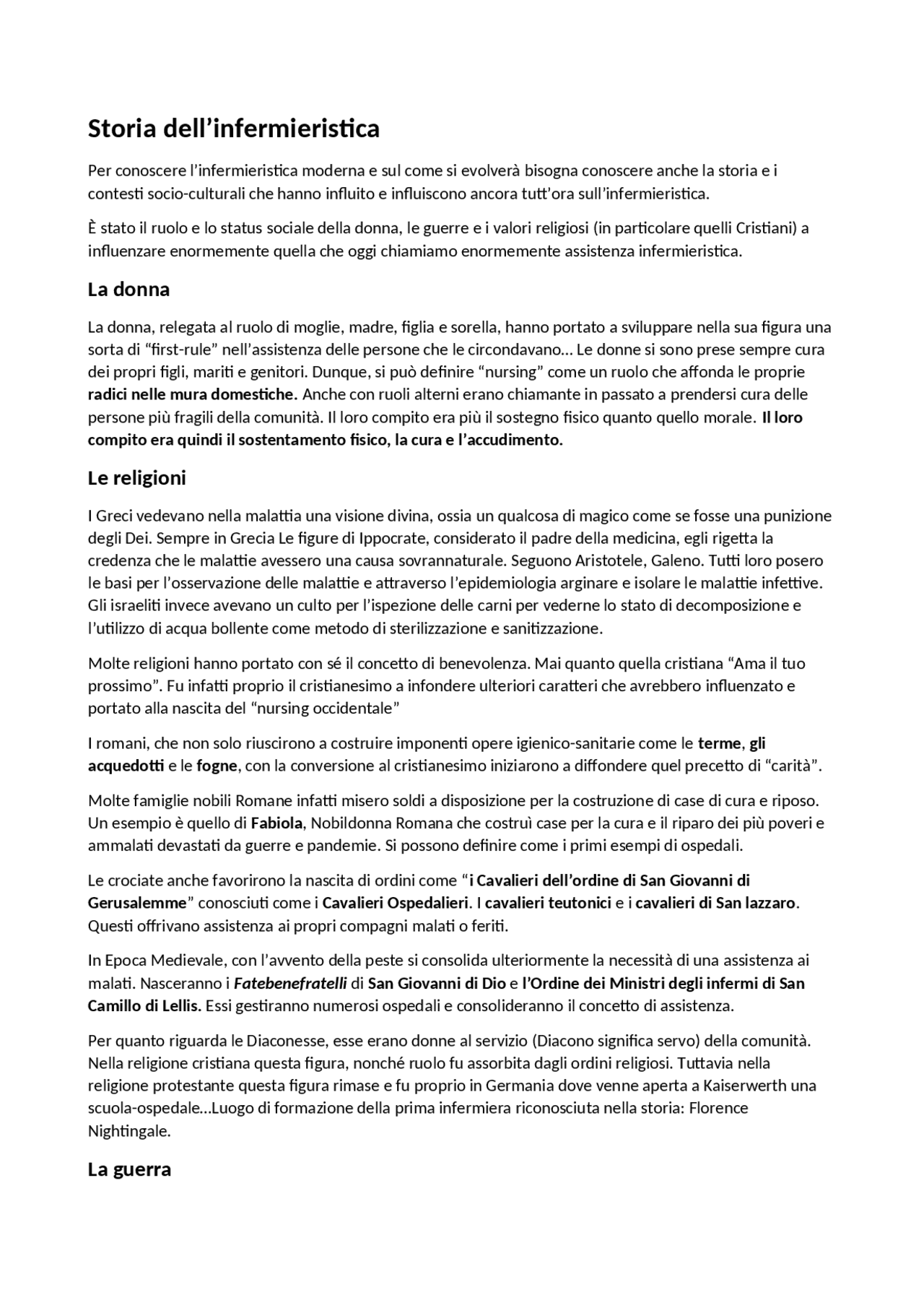 Accenni Storia Dellinfermieristica Docsity