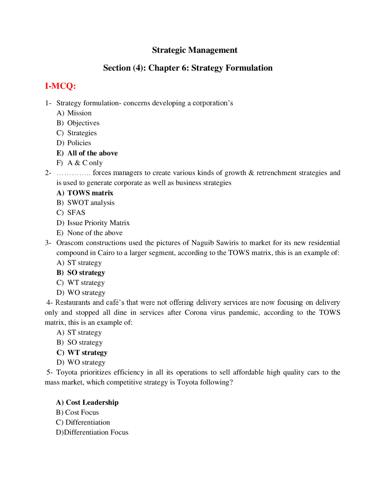 Strategic Management Exercises Strategic Management Docsity