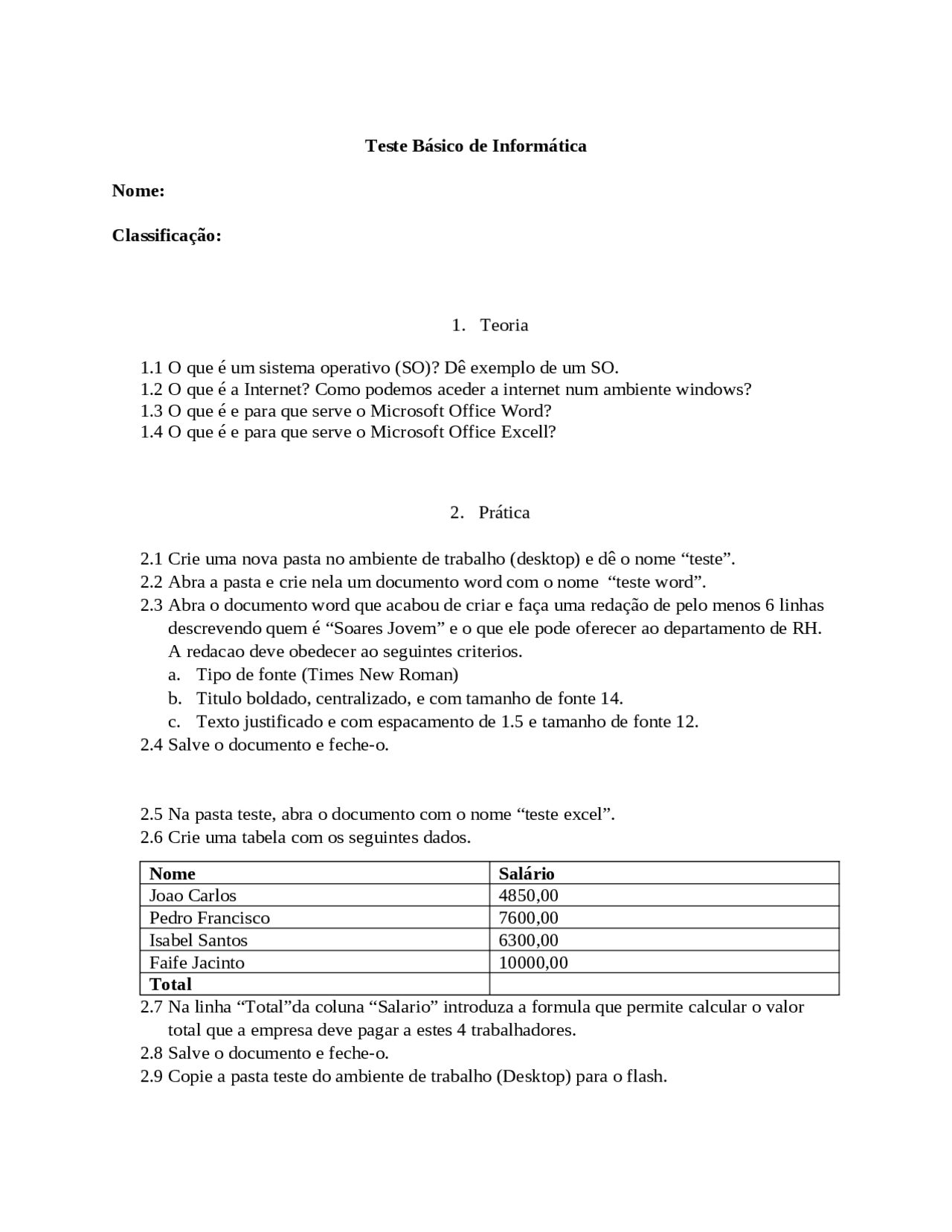 Exame Basico De Informatica Exercícios Informática Docsity
