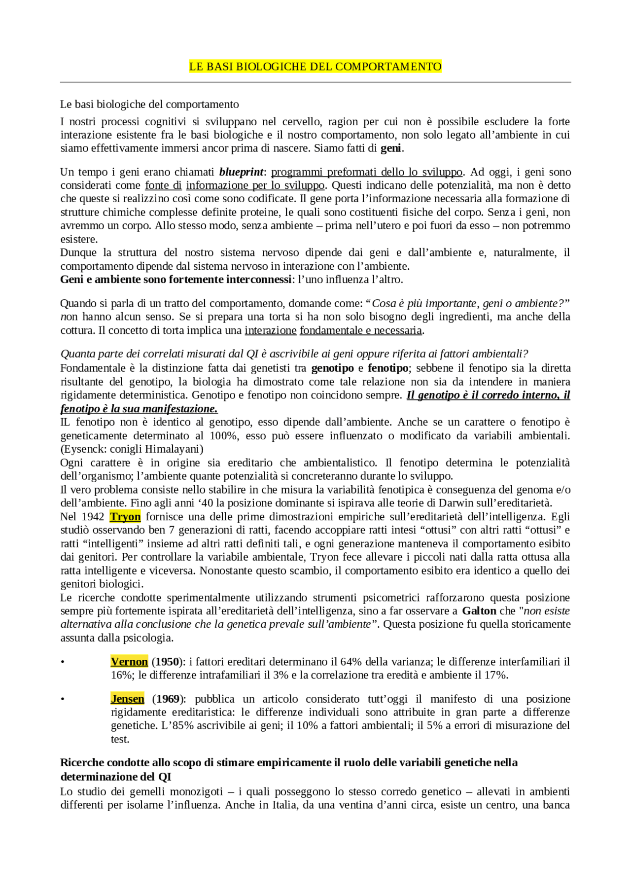 Le Basi Biologiche Del Comportamento Docsity
