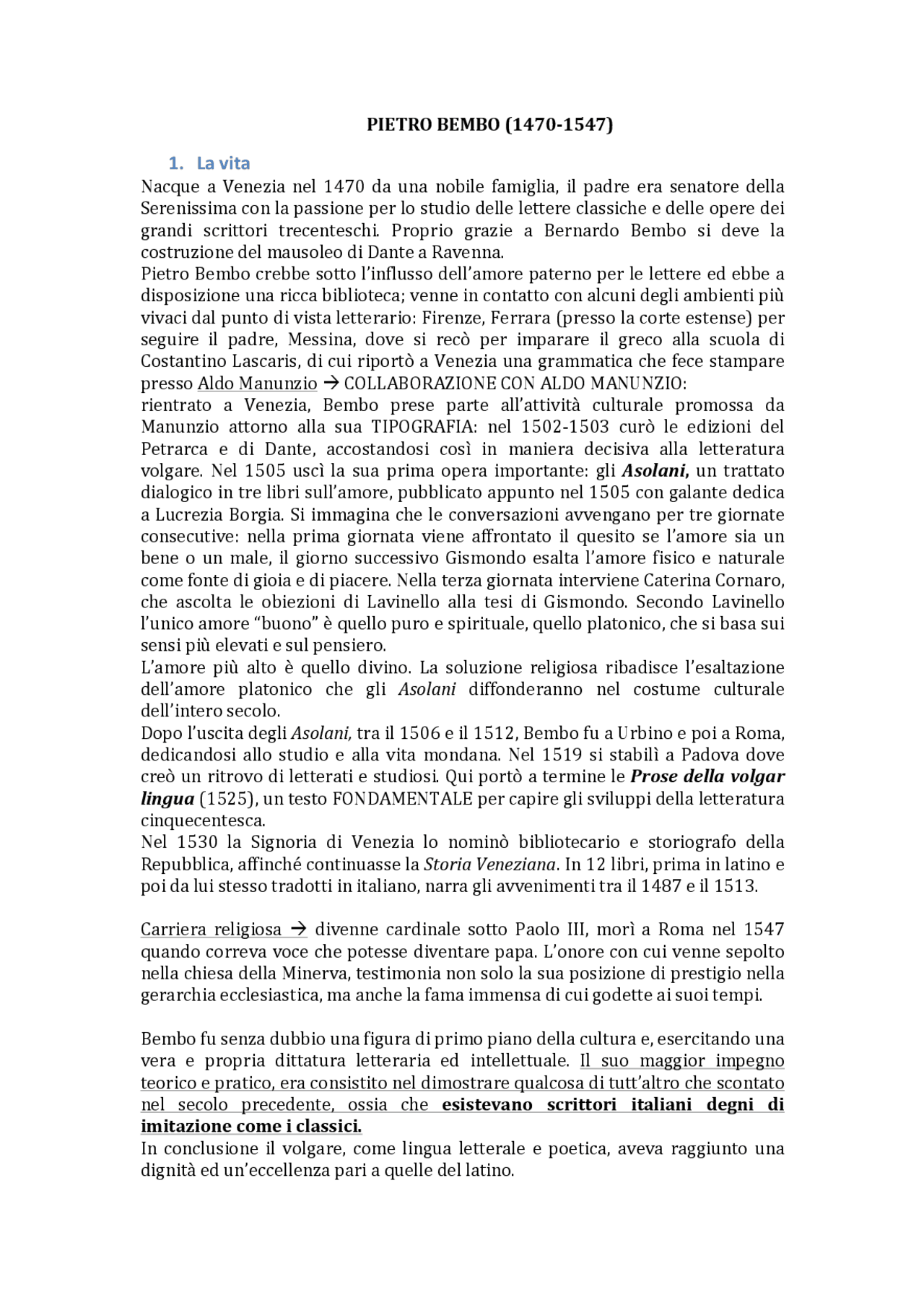Pietro Bembo E Le Prose Della Volgar Lingua Docsity