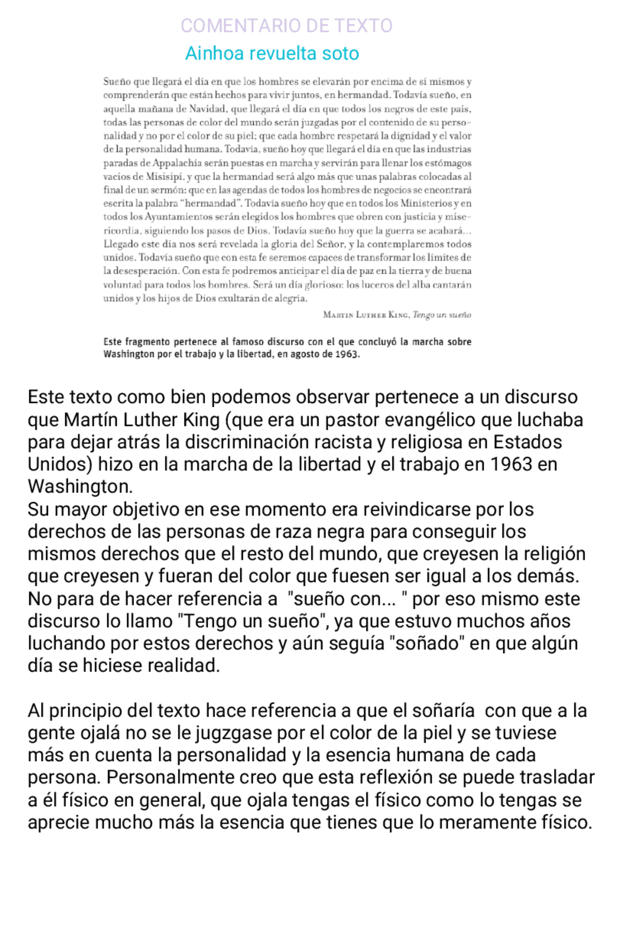 Martin Luther King comentario tengo un sueño | Ejercicios de Religión ...