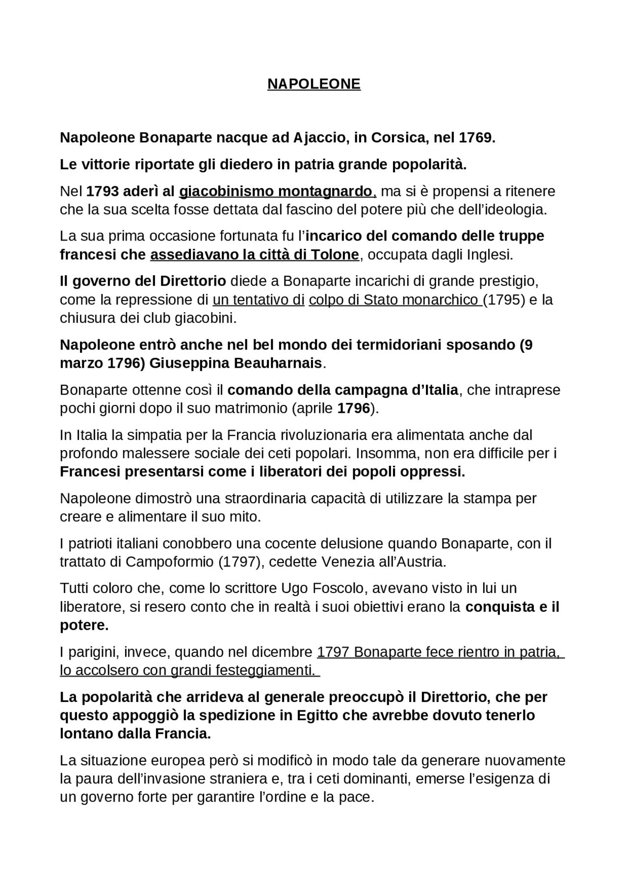 Grande imperatore Napoleone Bonaparte | Appunti di Storia | Docsity