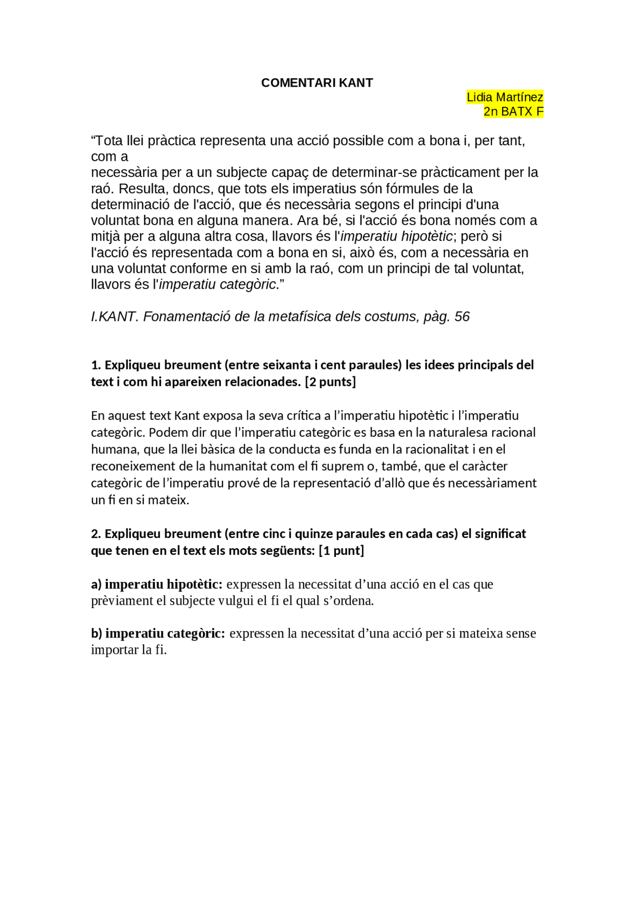 COMENTARI EXAMEN KANT - Docsity