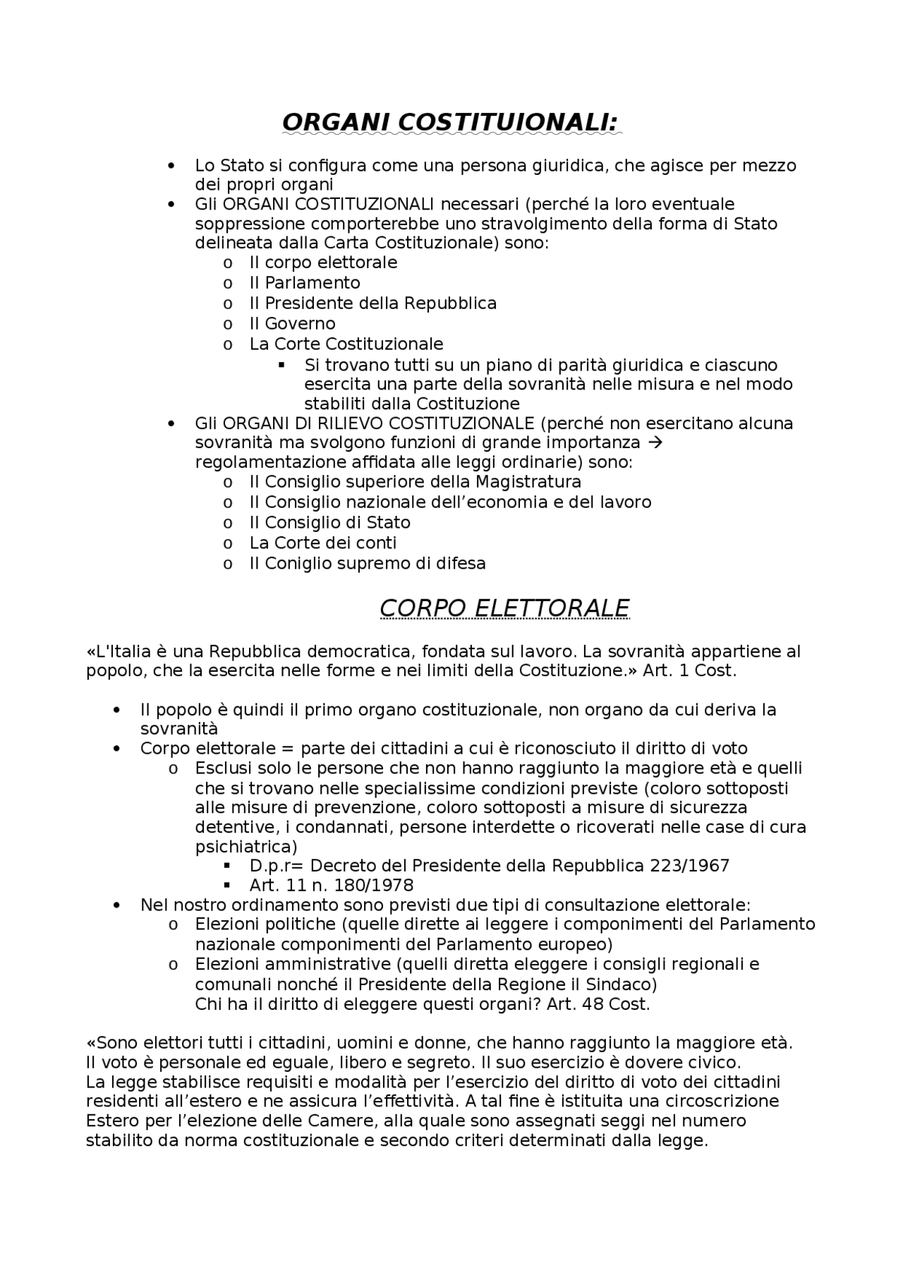 Appunti Diritto Organi Costituzionali Docsity