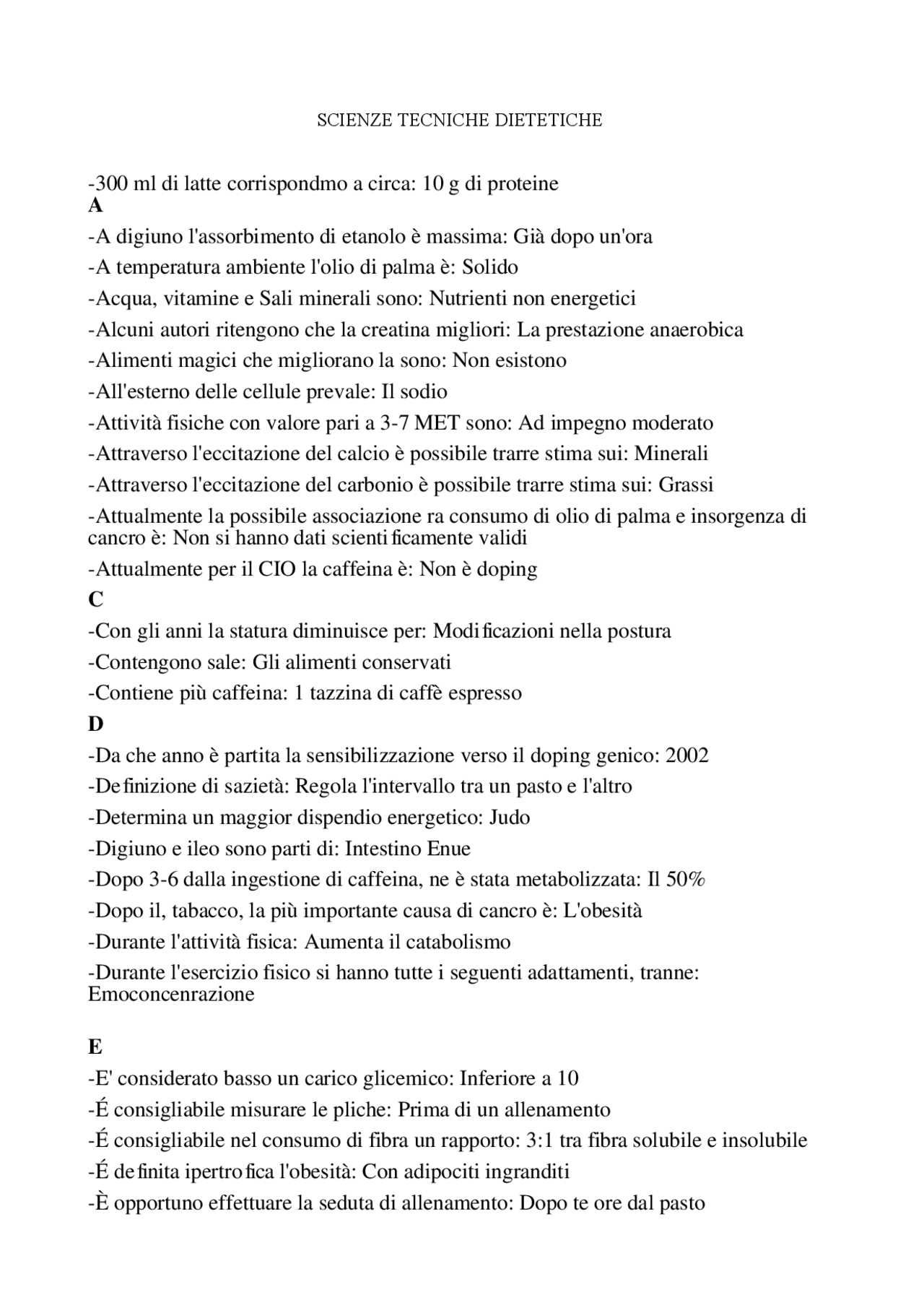 Test Di Scienze Tecniche Dietetiche Docsity