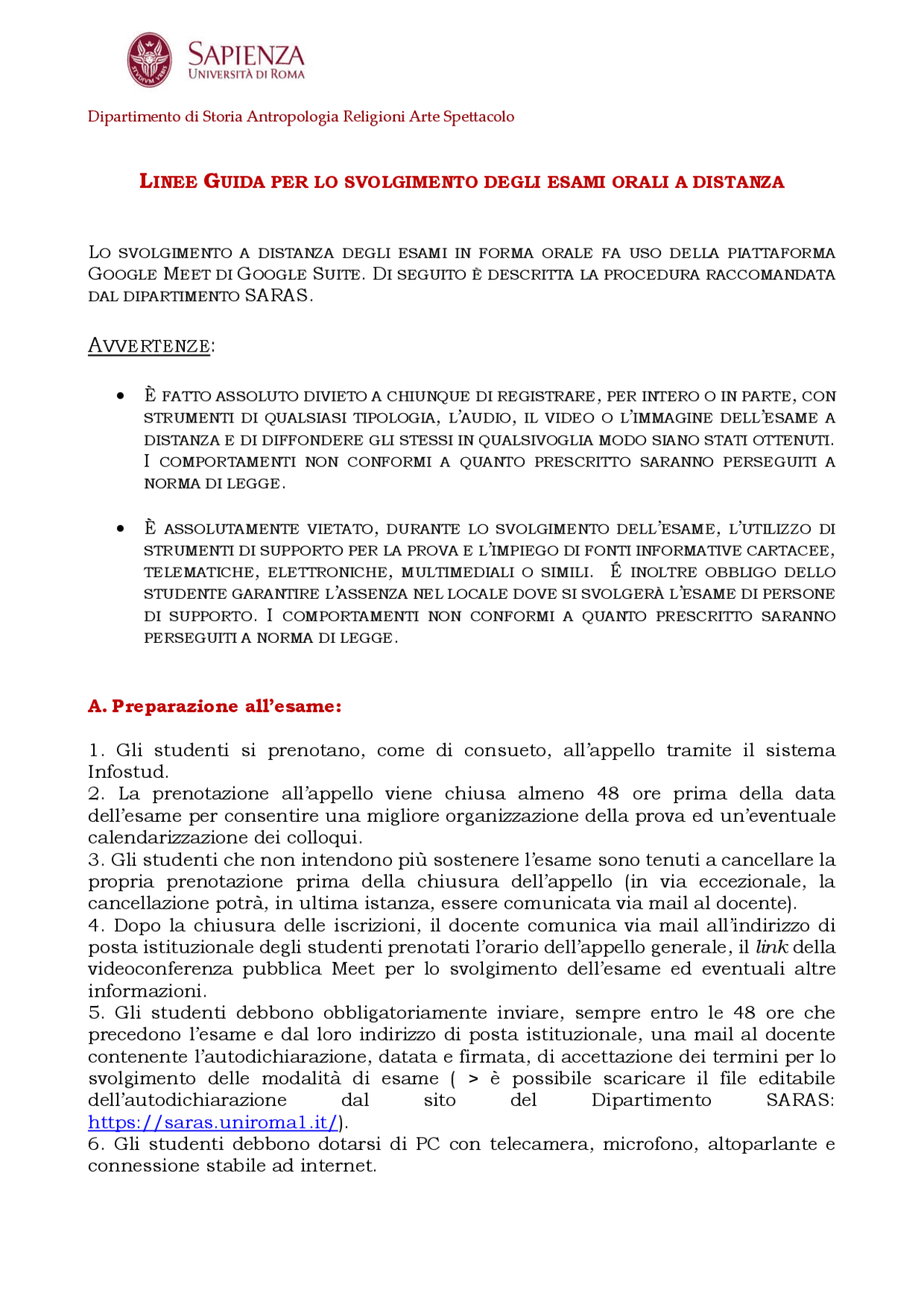 Linee guida esami via telematica - Docsity