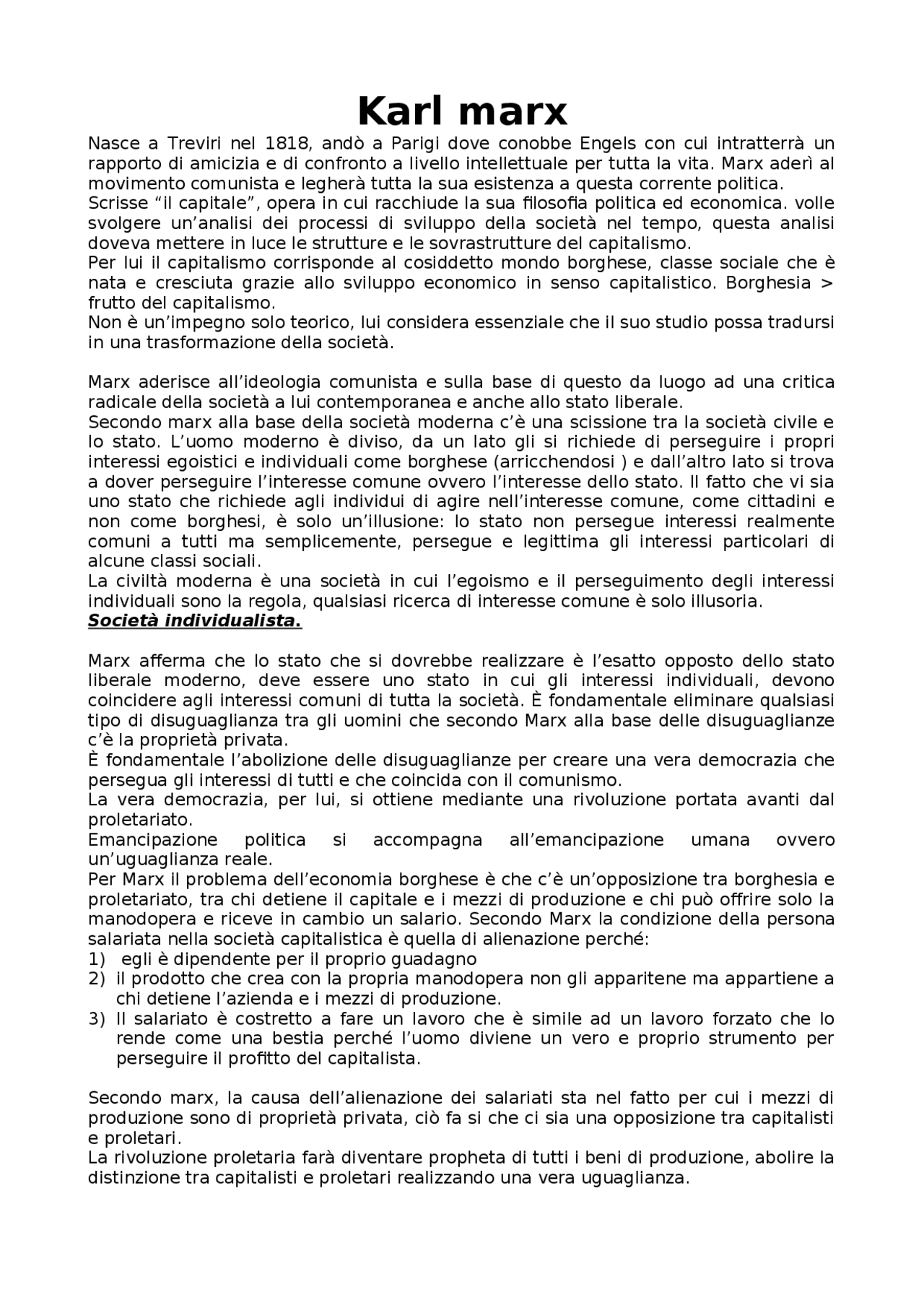 Marx Riassunto Breve Docsity