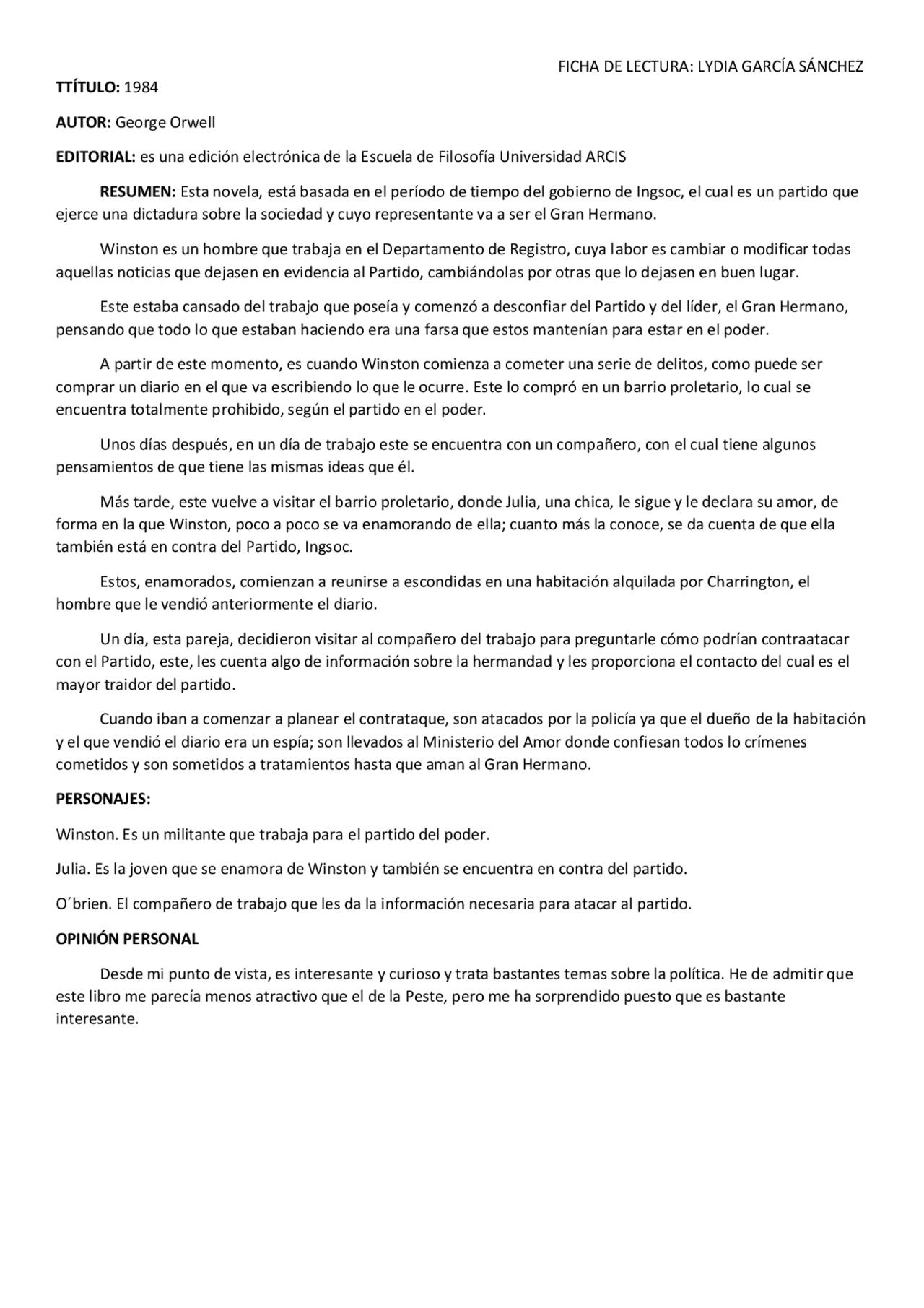RESUMEN DEL LIBRO 1984 LENGUA CASTELLANA Y LITERATURA - Docsity