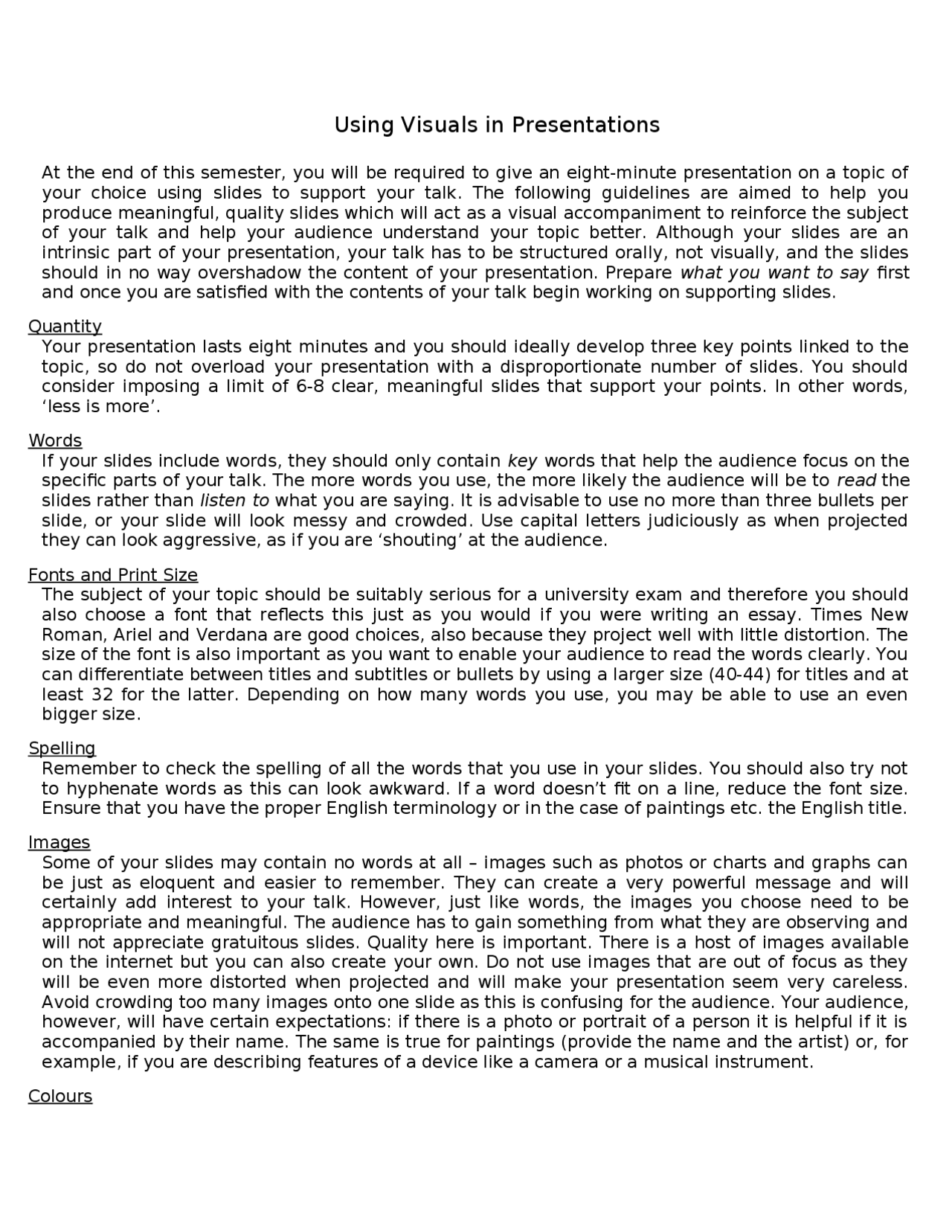 Using visuals in presentations - Docsity