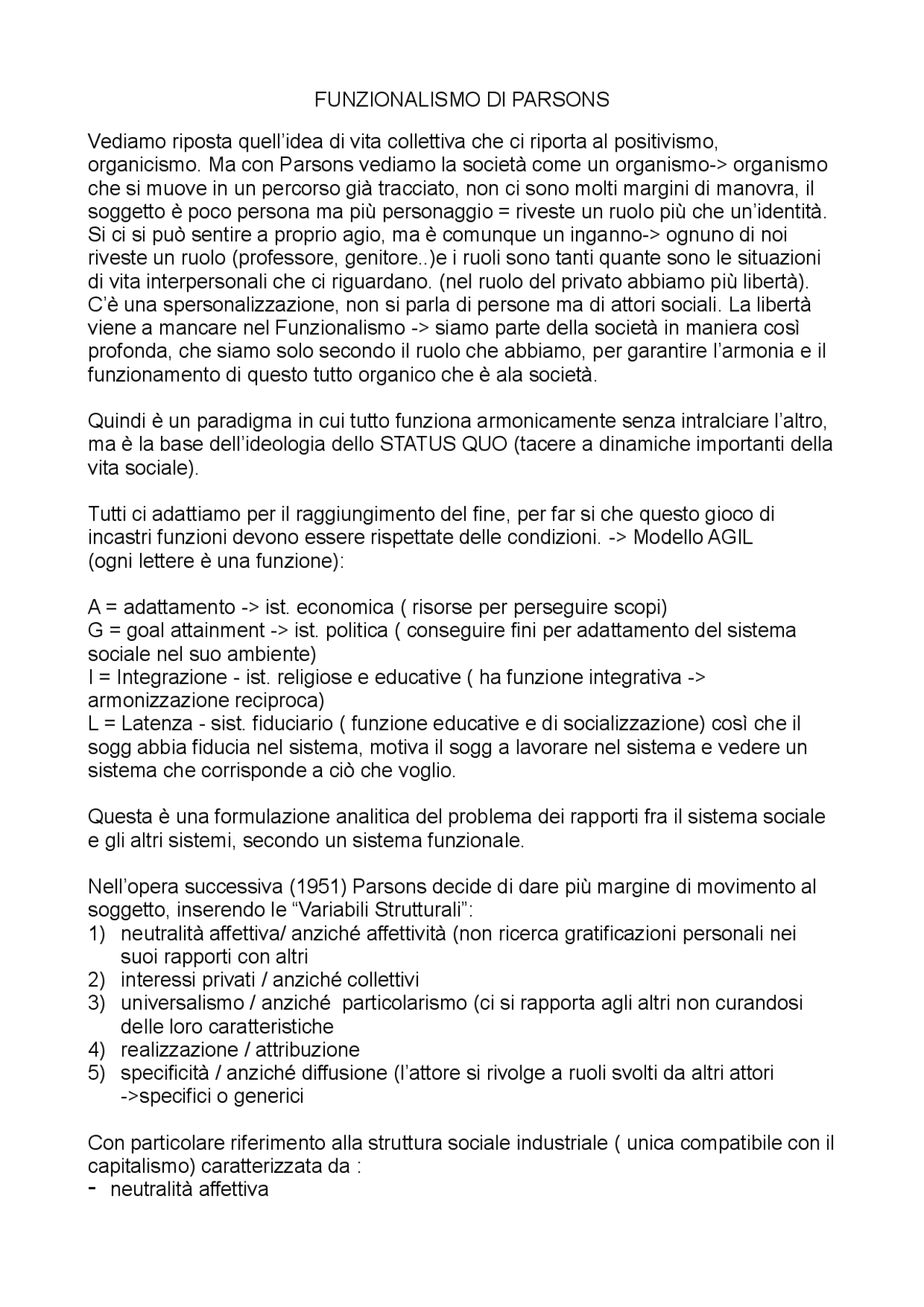 Funzionalismo Di Parsons Merton Lhumann Docsity