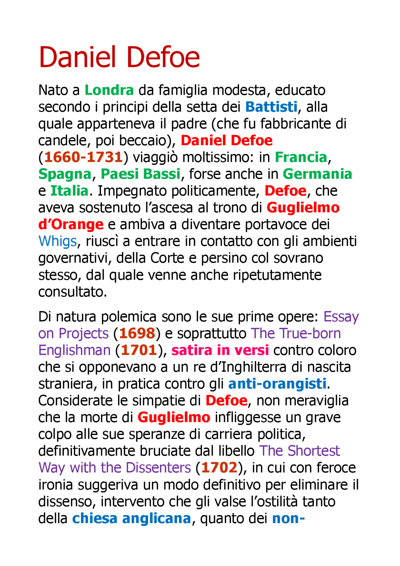 Daniel Defoe, appunti. - Docsity