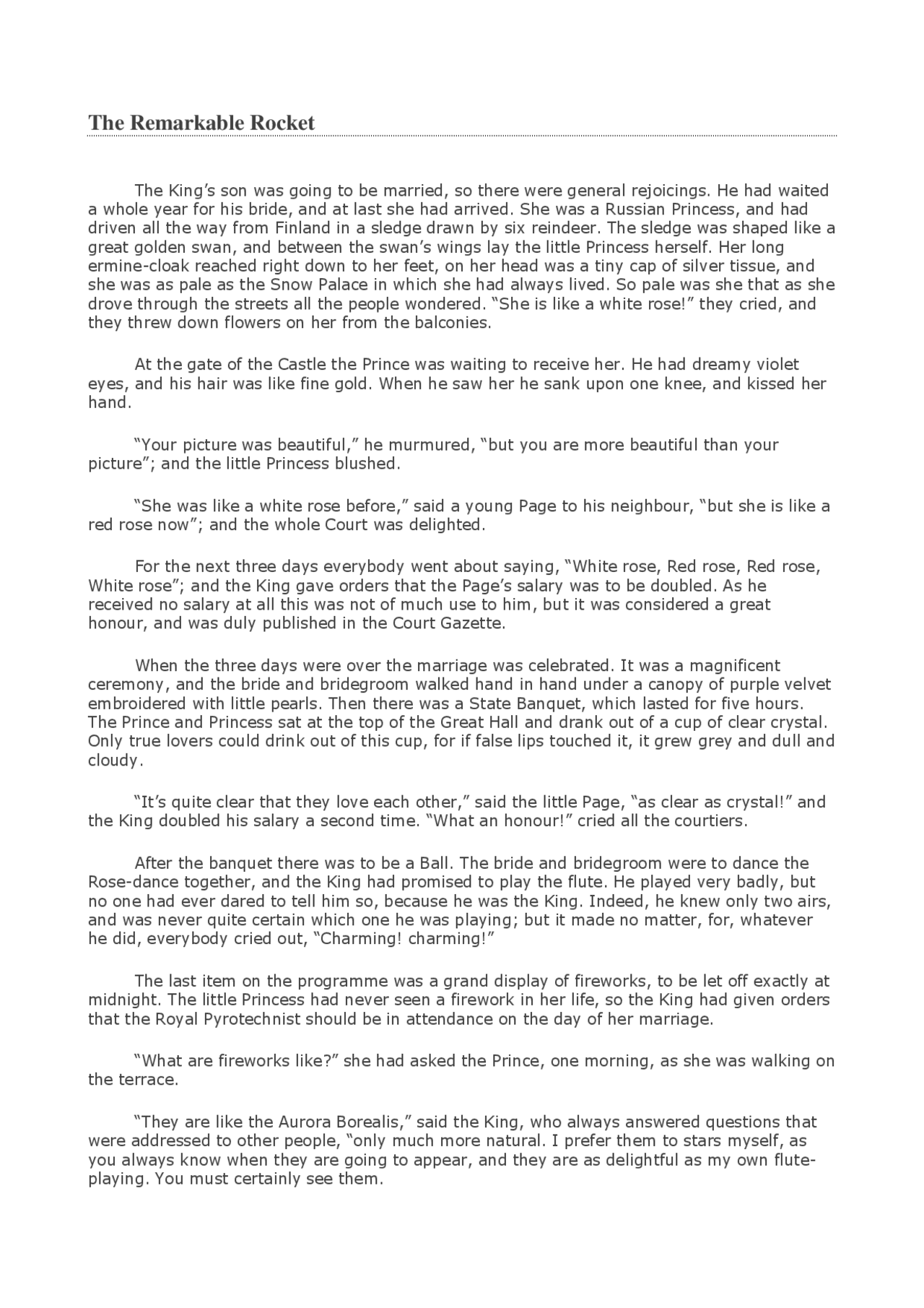 The remarkable rocket - Oscar Wilde - Docsity