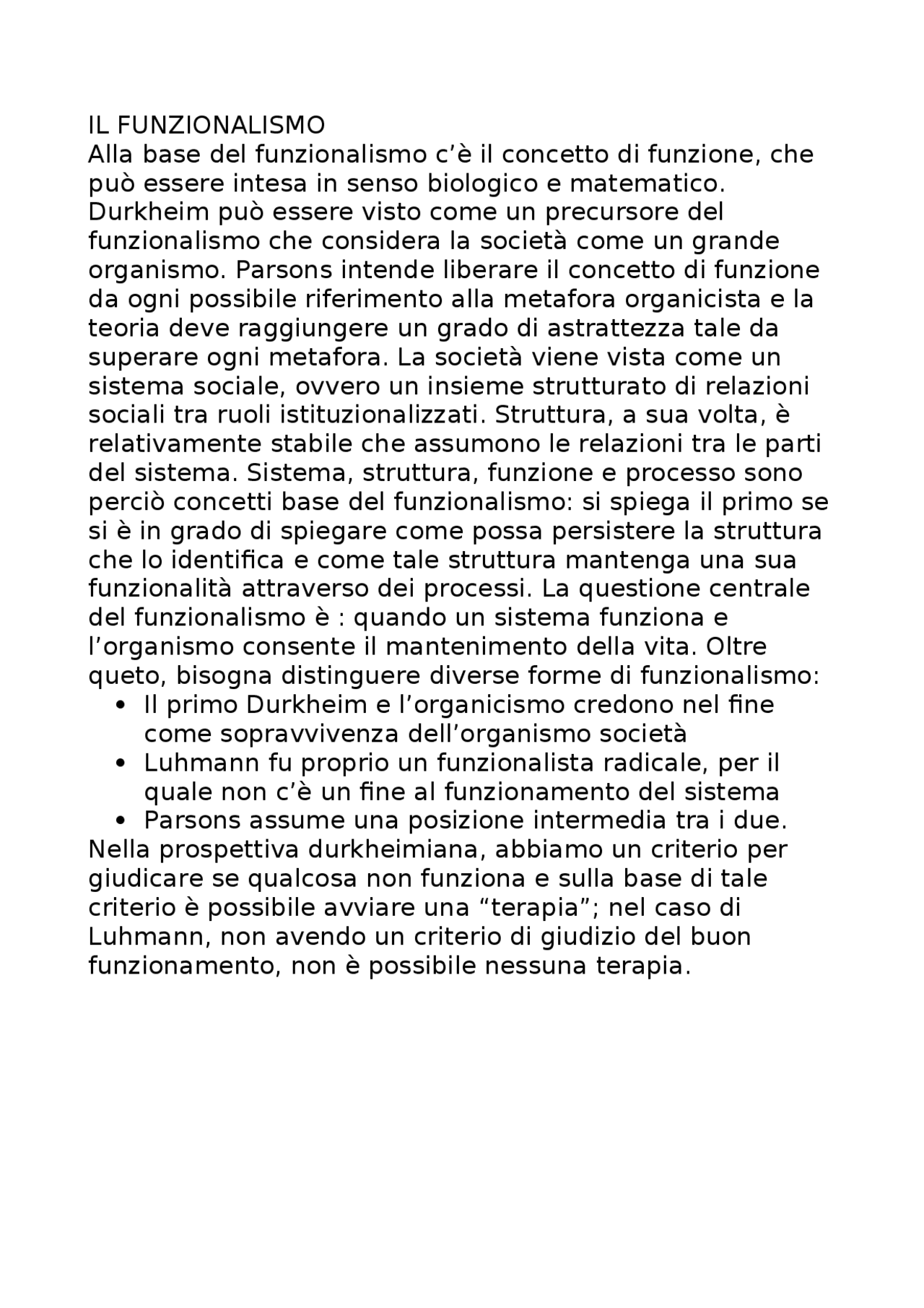 Sintesi Sul Funzionalismo Docsity