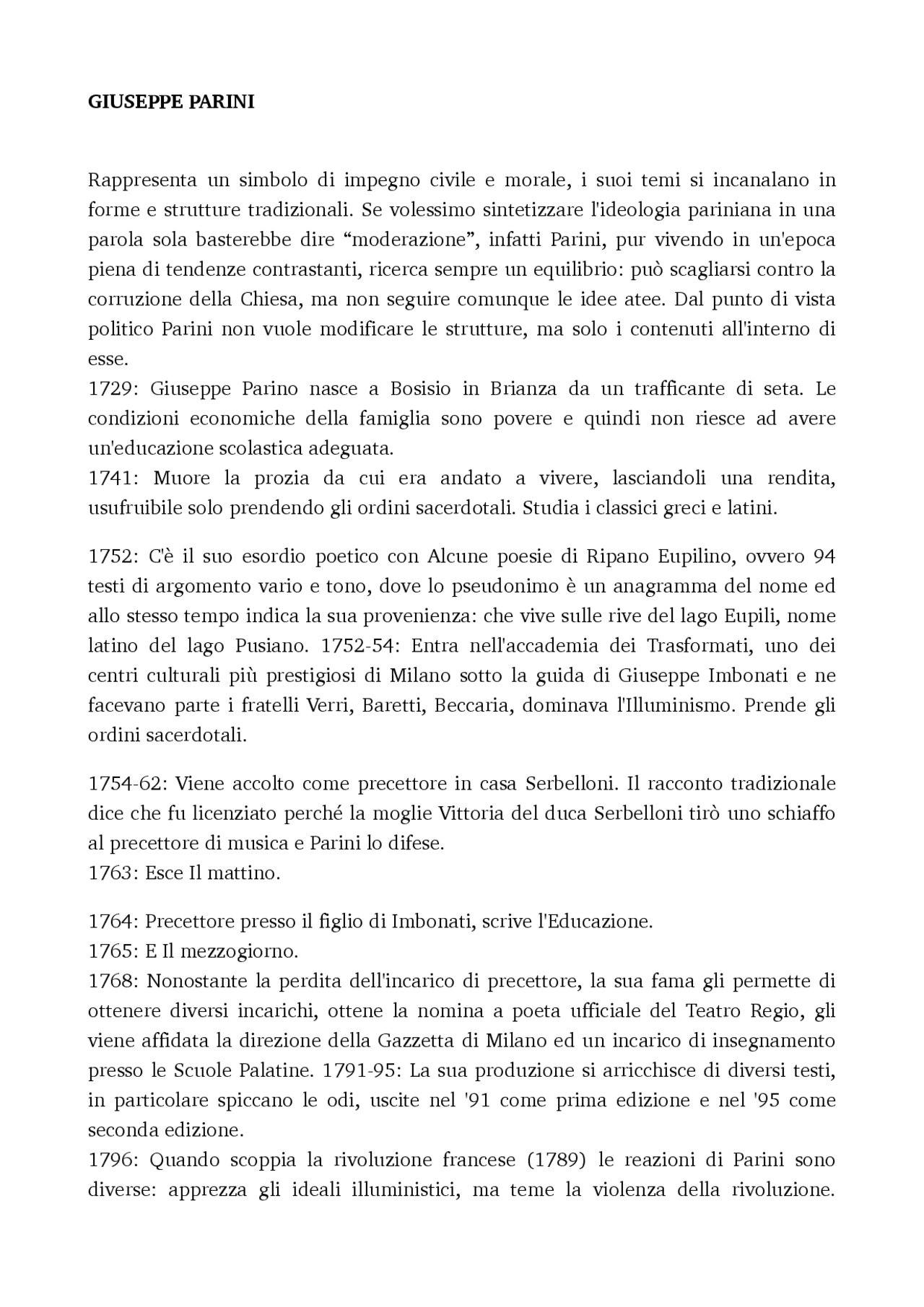 Giuseppe Parini Vita E Opere Docsity