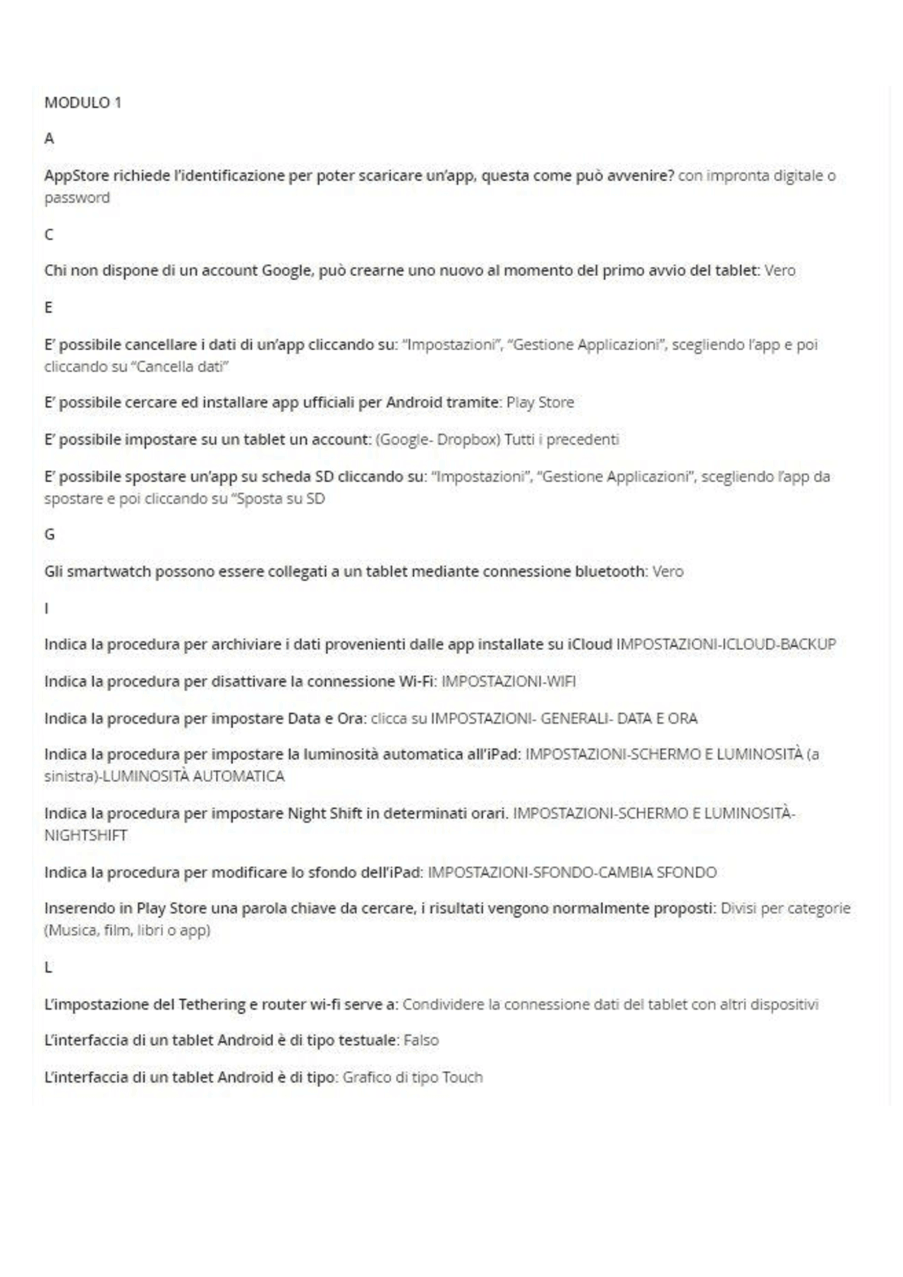Risposte esatte Corso Eispass Tablet - Modulo 1- Interfaccia e strumenti uso di tablet Android e ...