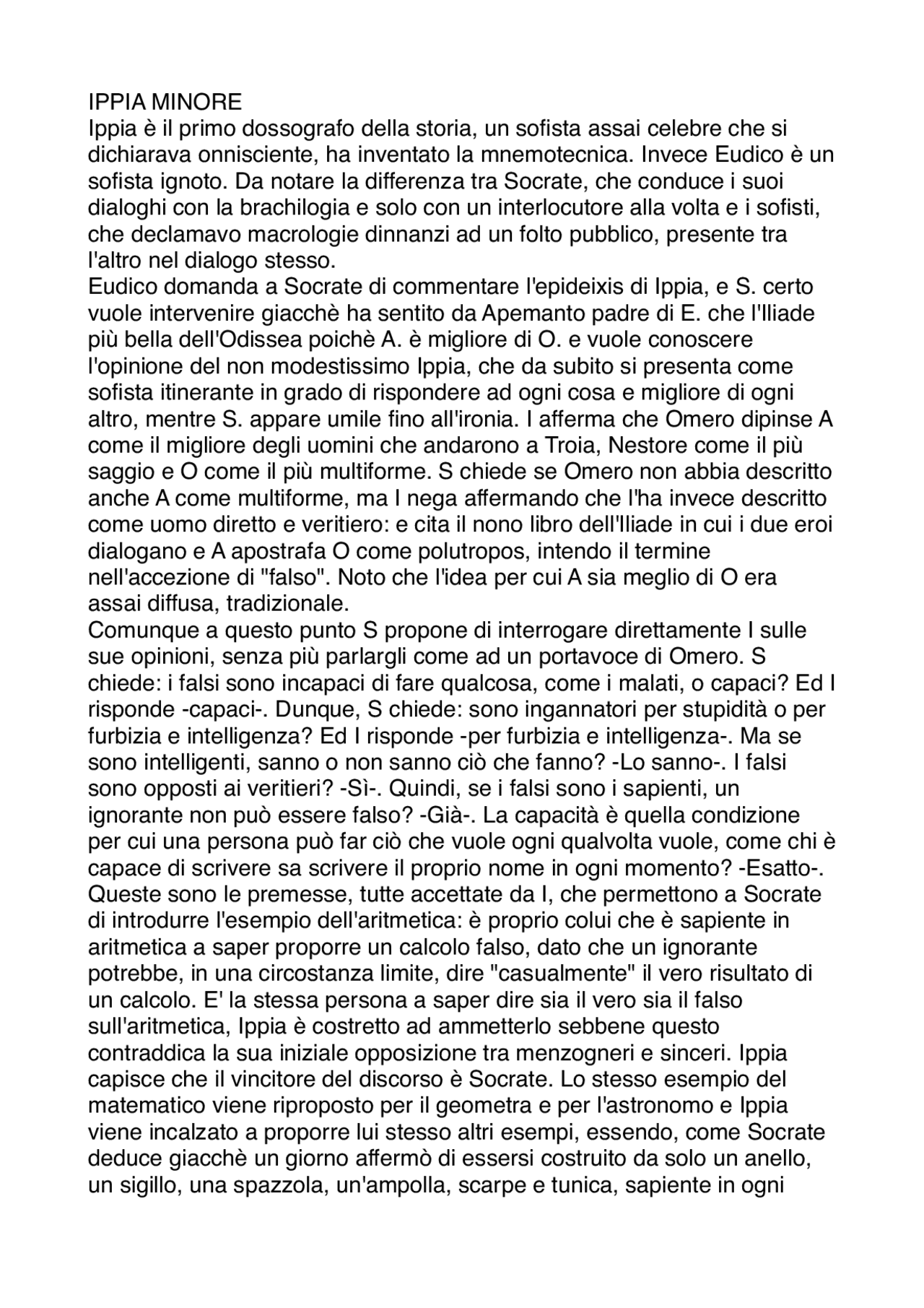 Ippia Minore, Platone. Riassunto - Docsity