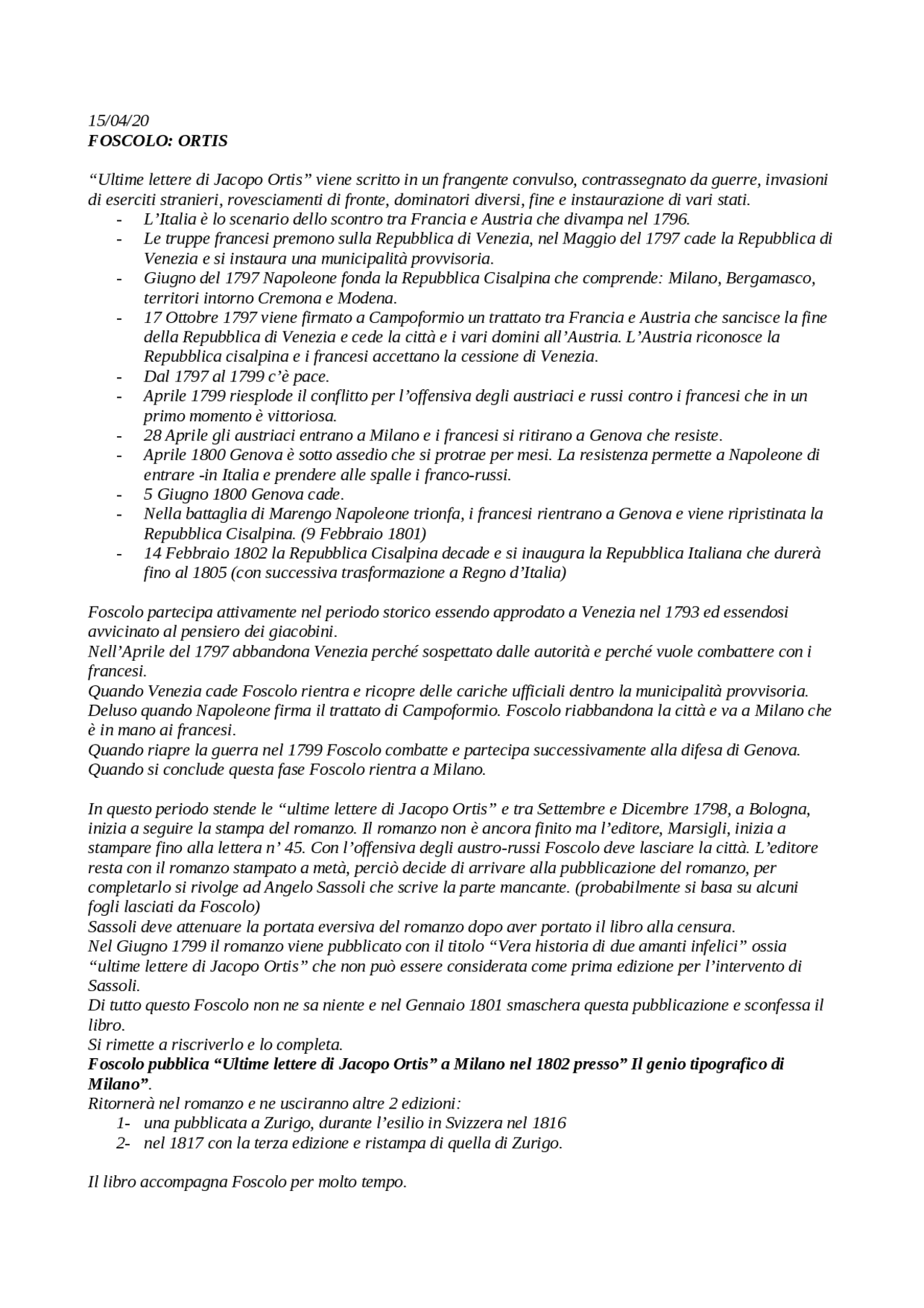 Appunti Lezione Foscolo Docsity