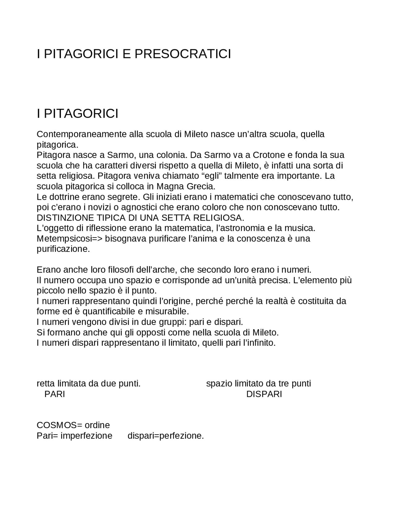 Pitagorici E Presocratici Docsity