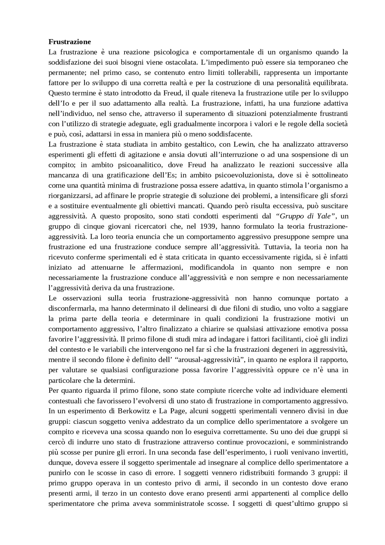 Frustrazione - tema 1° prova per superamento eds psicologo - Docsity