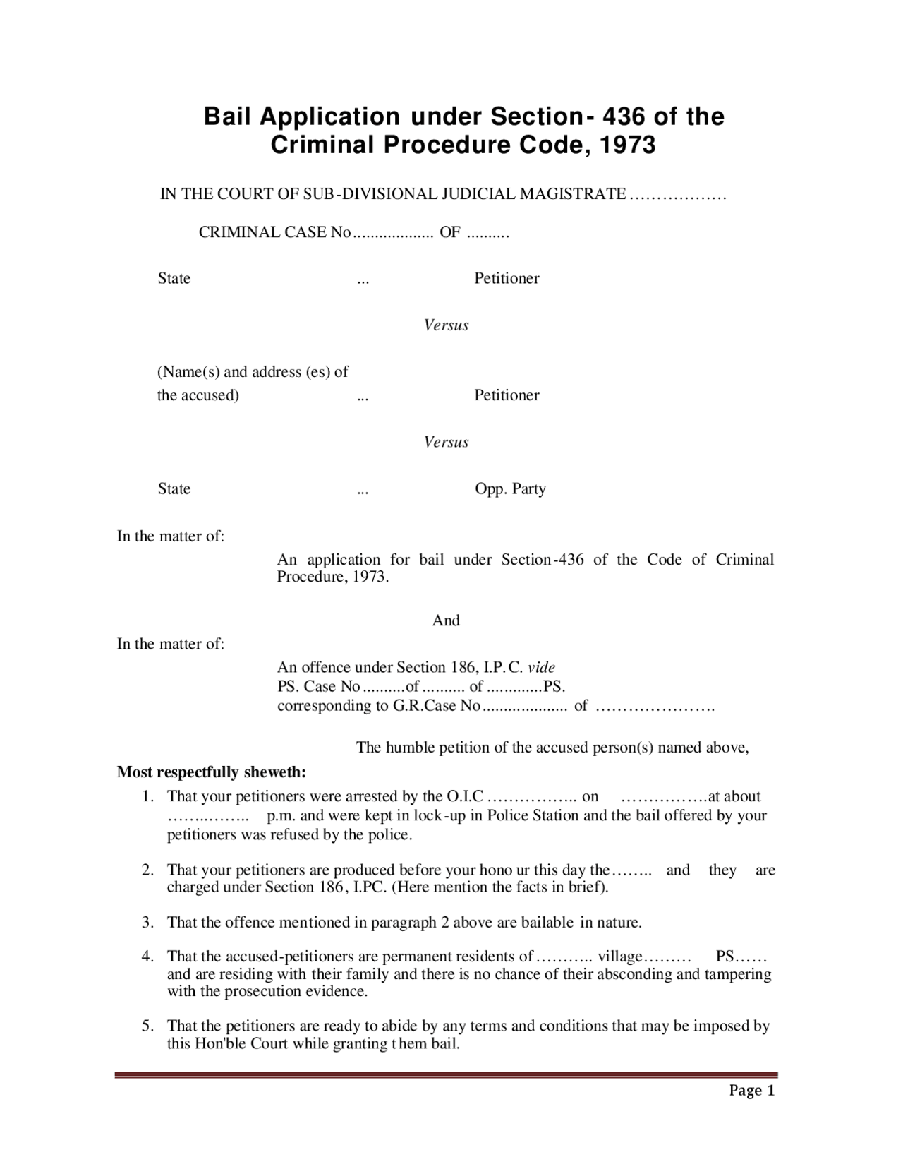 Bail Application u/s. 436 Cr.P.C. | Study notes Law | Docsity