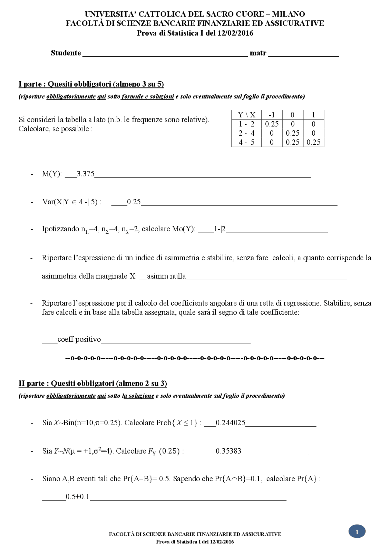 Statistica unicatt serale - Docsity