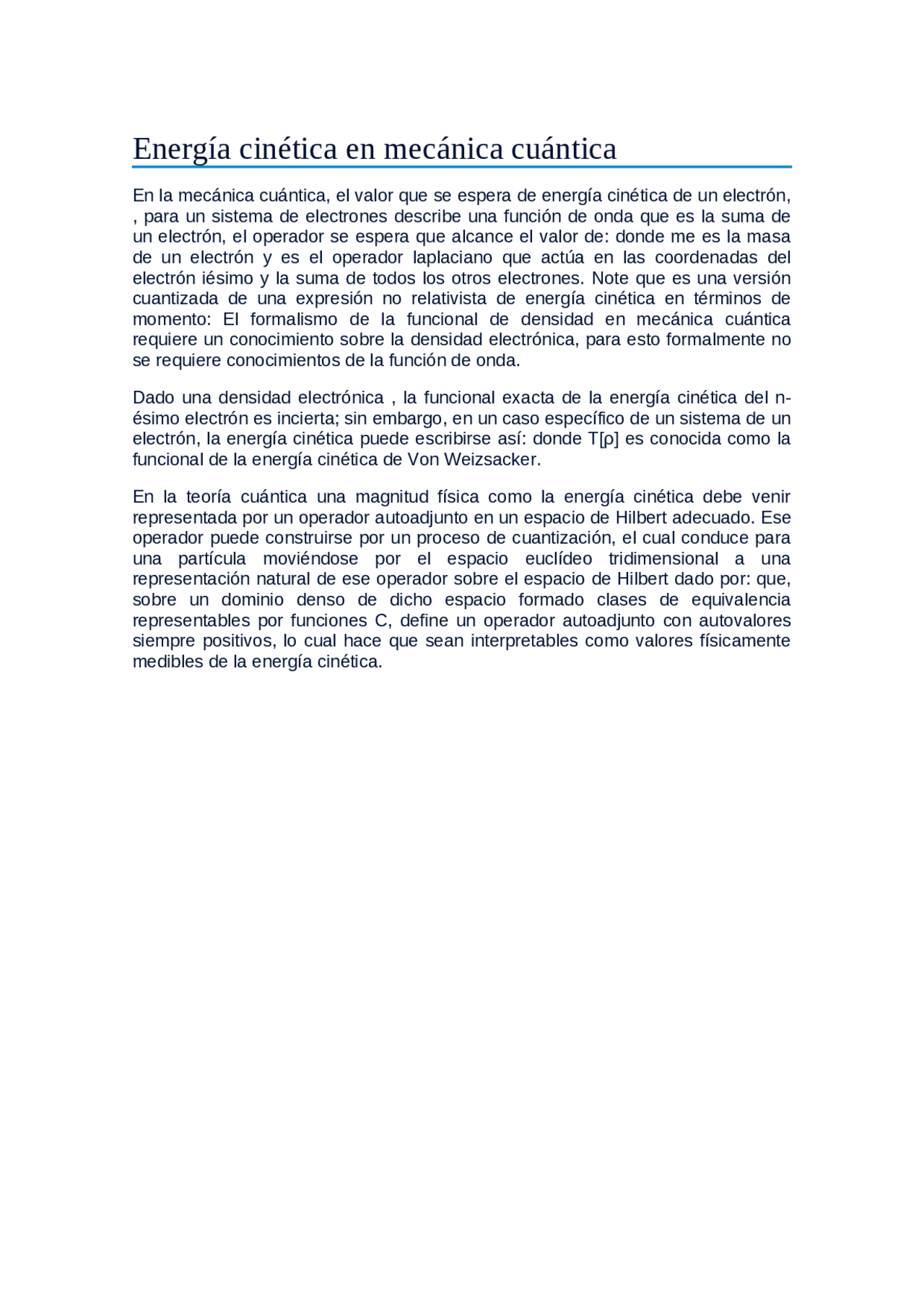 Energía cinética en mecánica cuántica: Funcional de densidad y operador ...