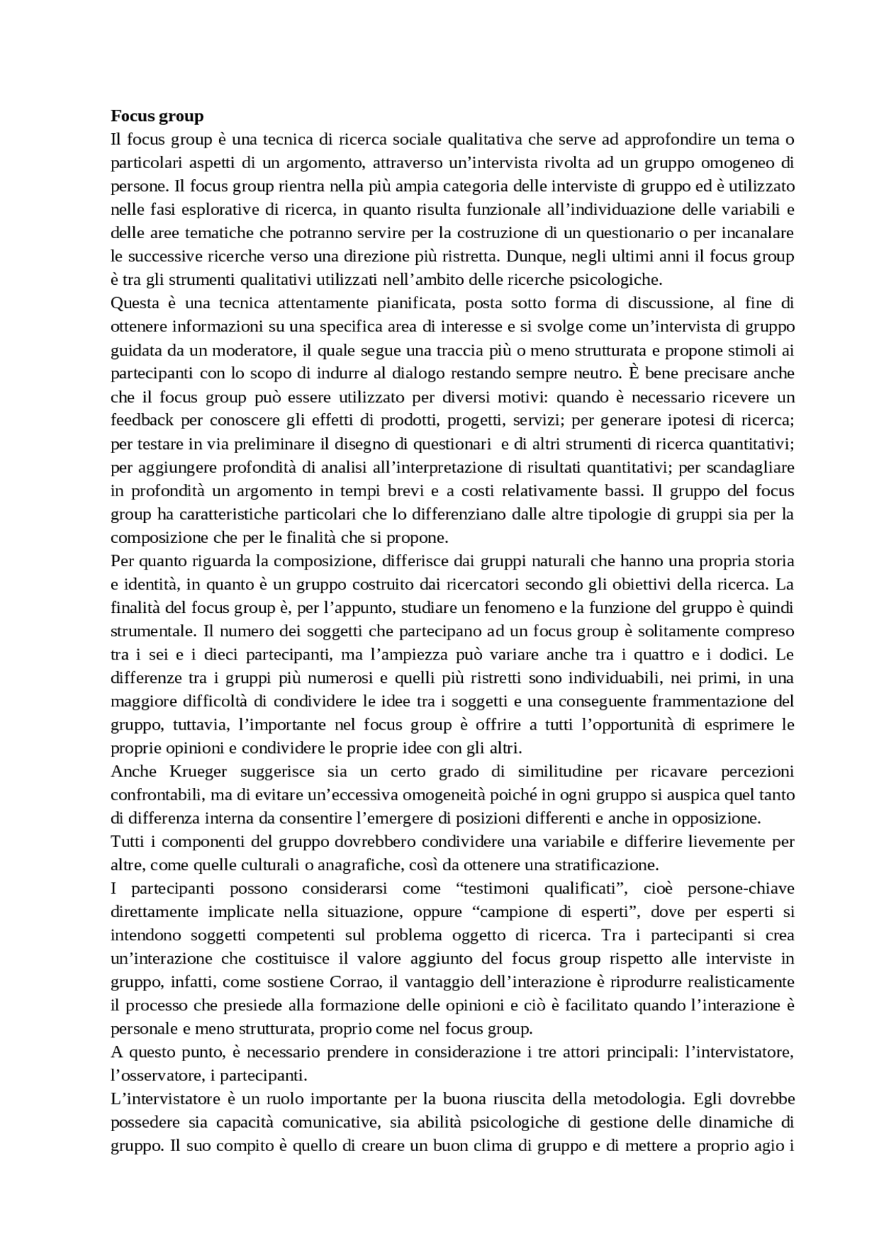 Focus group - tema per il superamento della 1° prova eds psicologo - Docsity