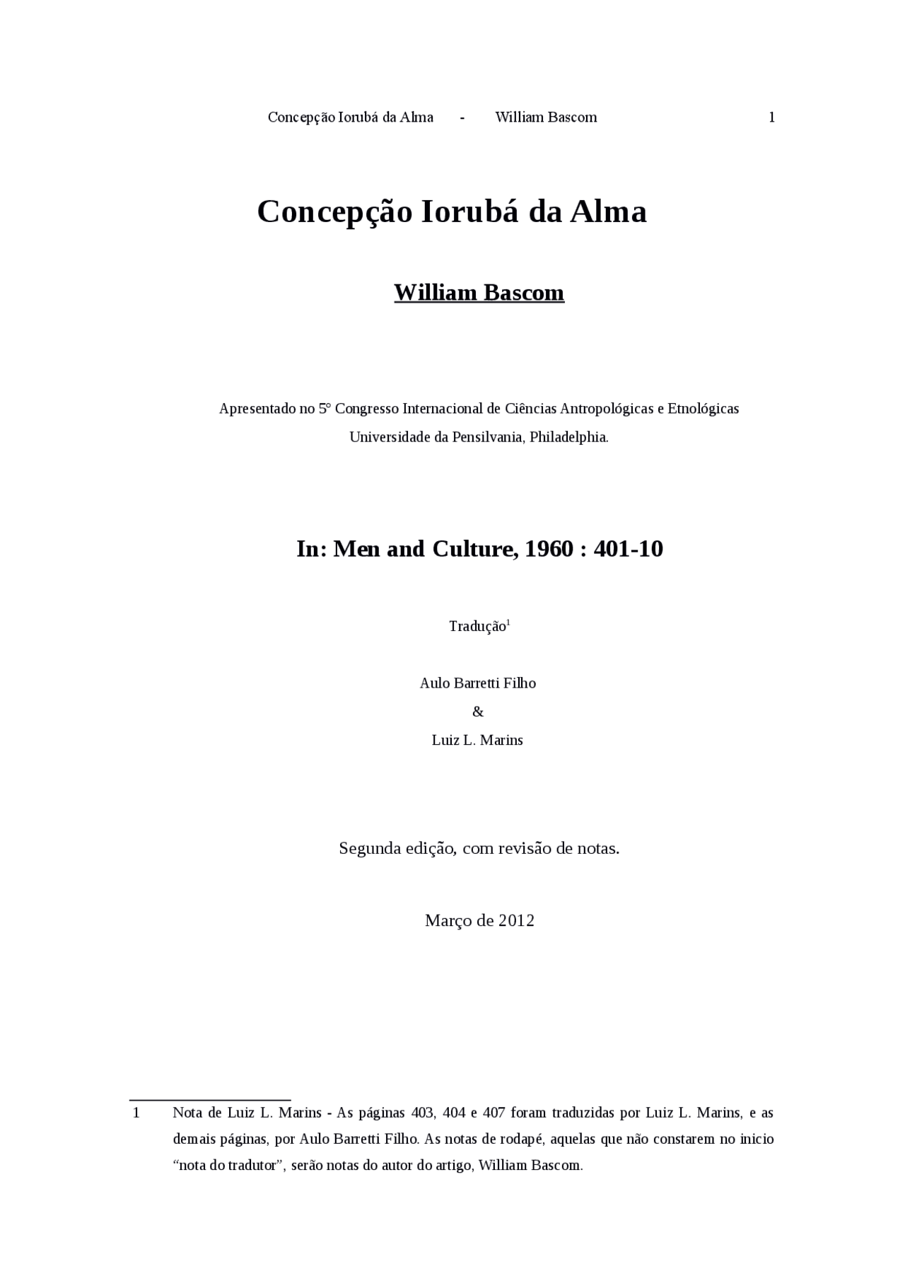 Consepcao Yoruba da alma wilian bascon - Docsity