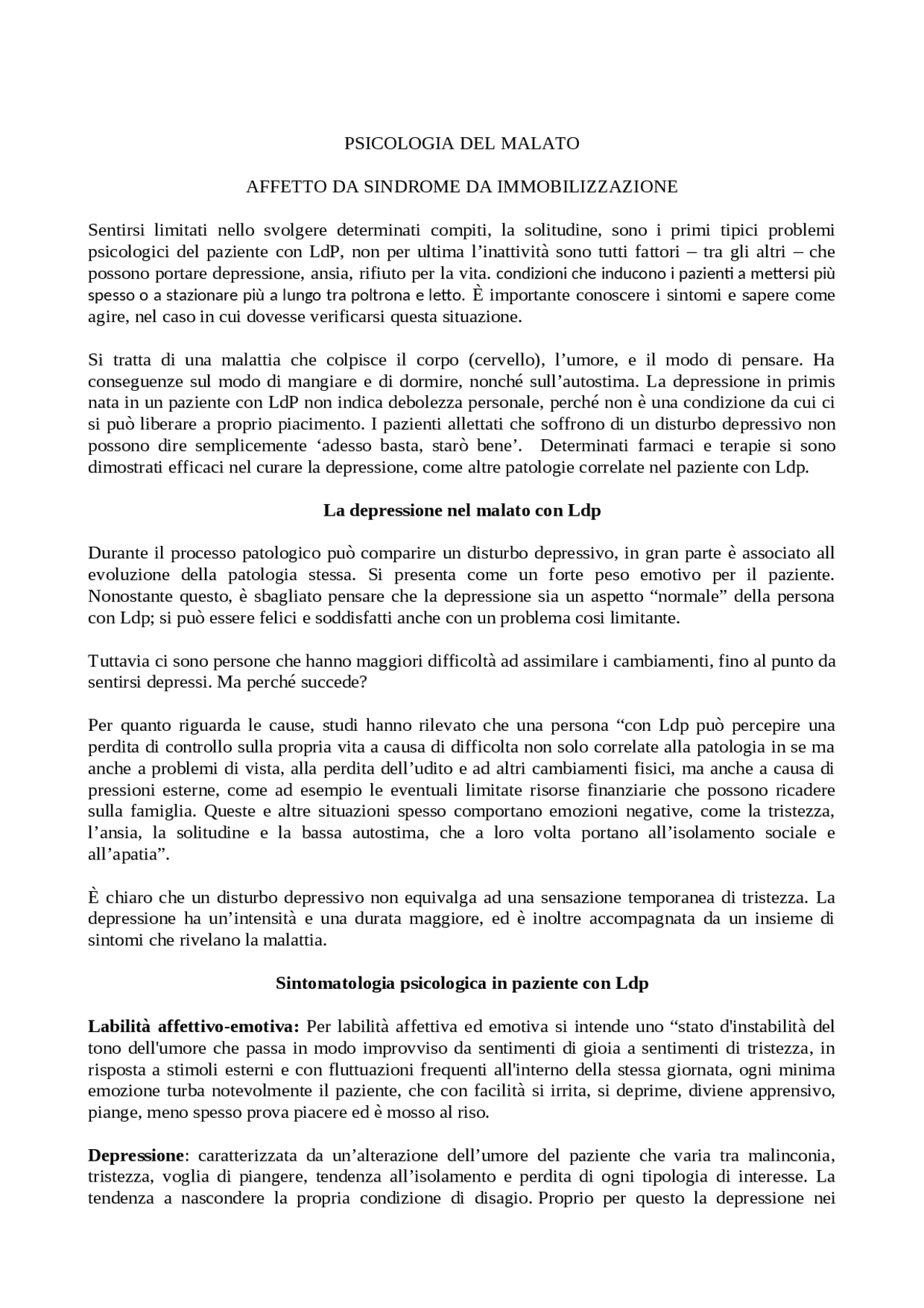 Depressioine nel malato con lesioni da pressione - Docsity