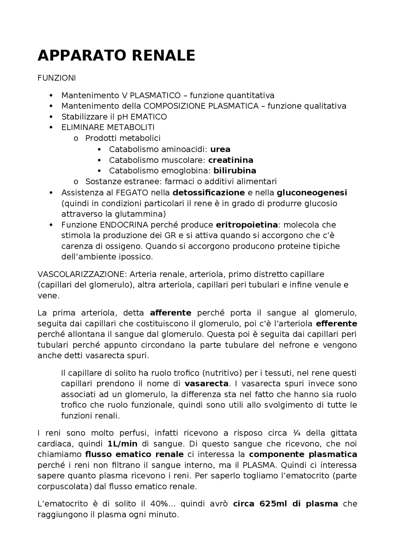 Apparato renale infermieristica - Docsity
