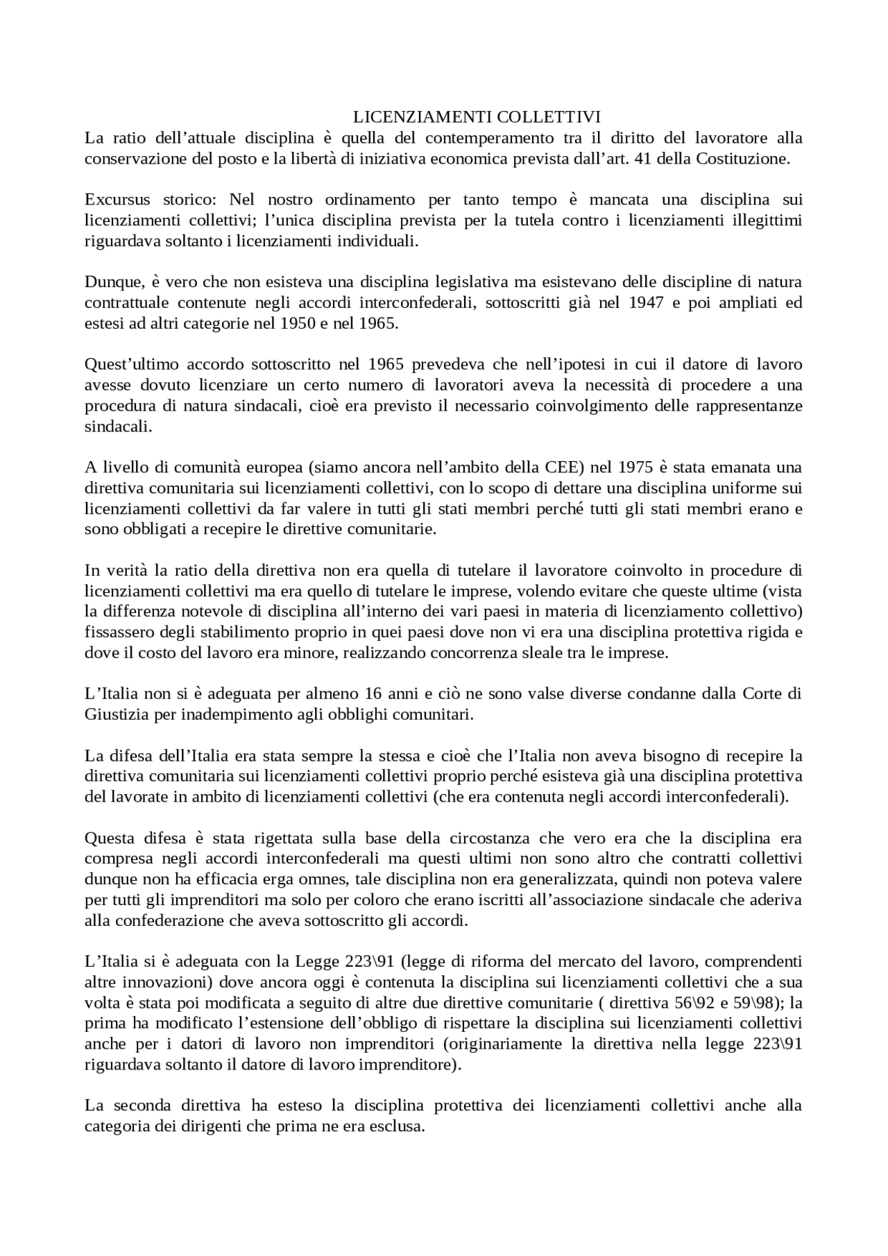 Licenziamenti Collettivi Docsity