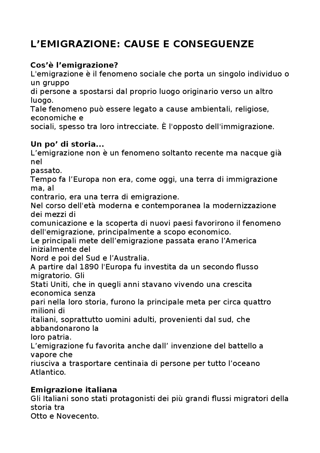 L'Emigrazione, cause e conseguenze - Docsity