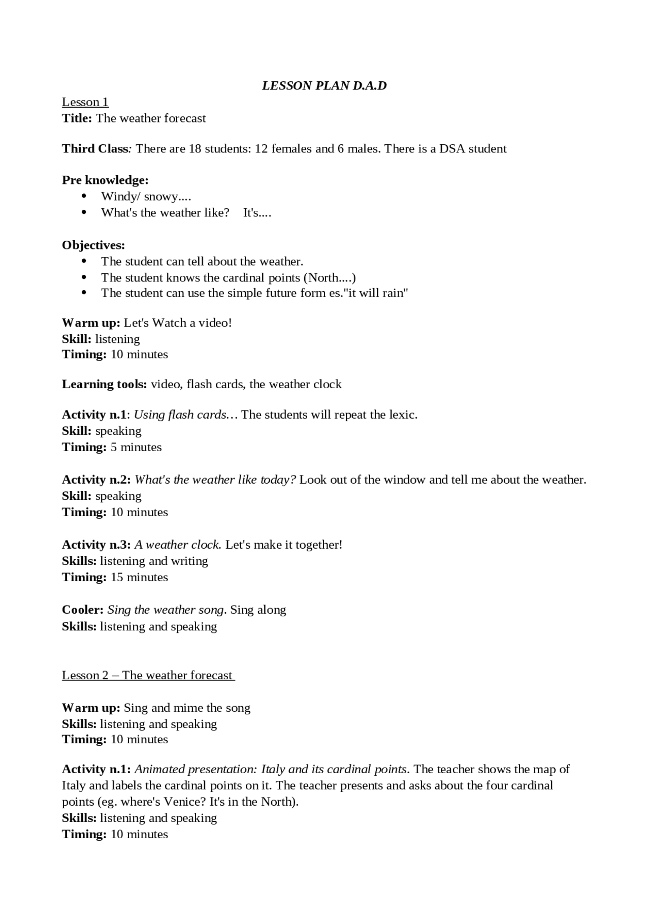 Lesson plan DAD in inglese - Docsity