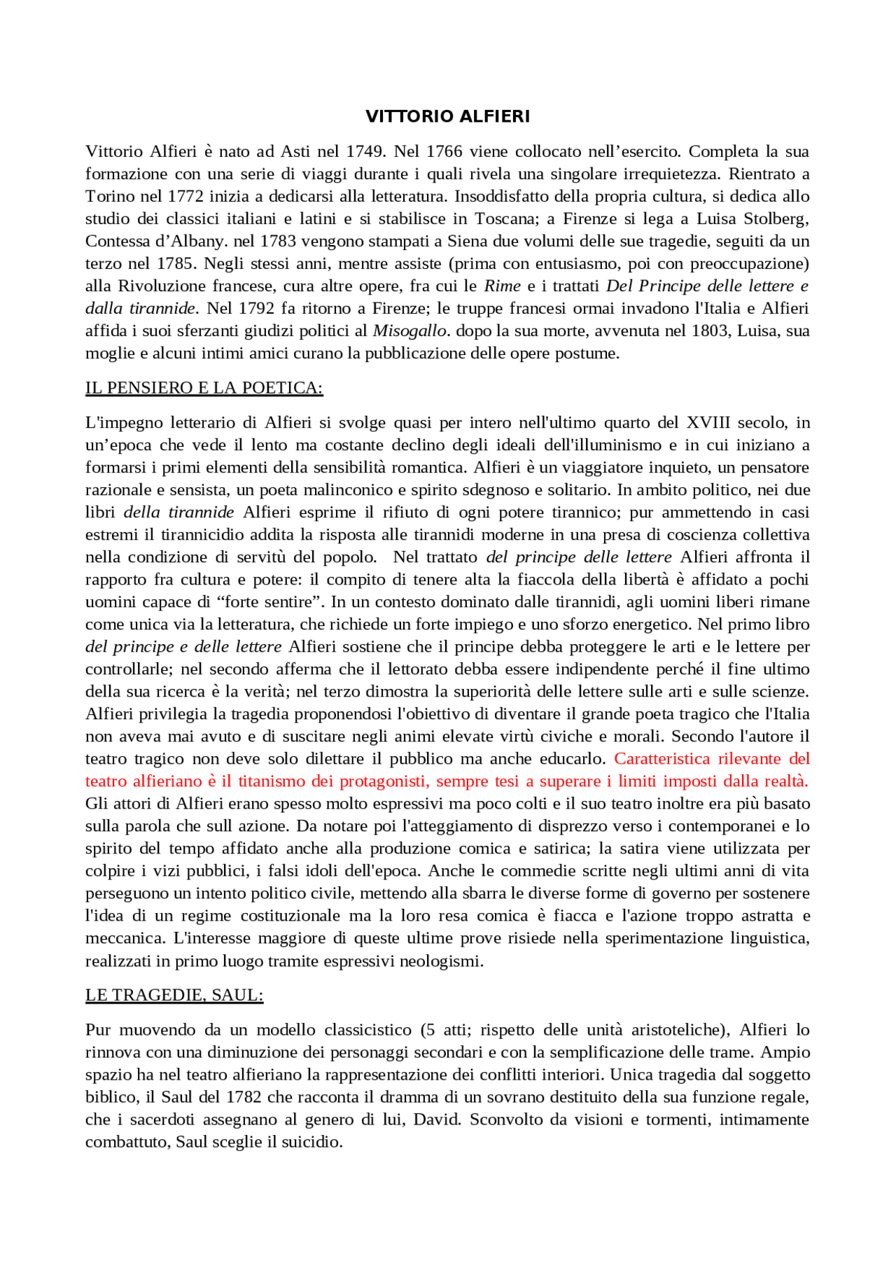 Alfieri E Il Saul In Sintesi Docsity