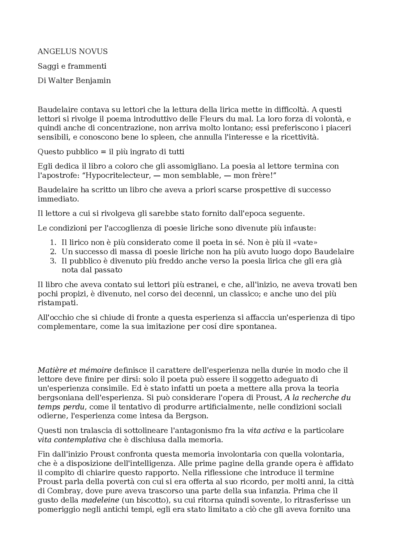 Riassunto "ANGELUS NOVUS" di Walter Benjamin | Sintesi del corso di ...