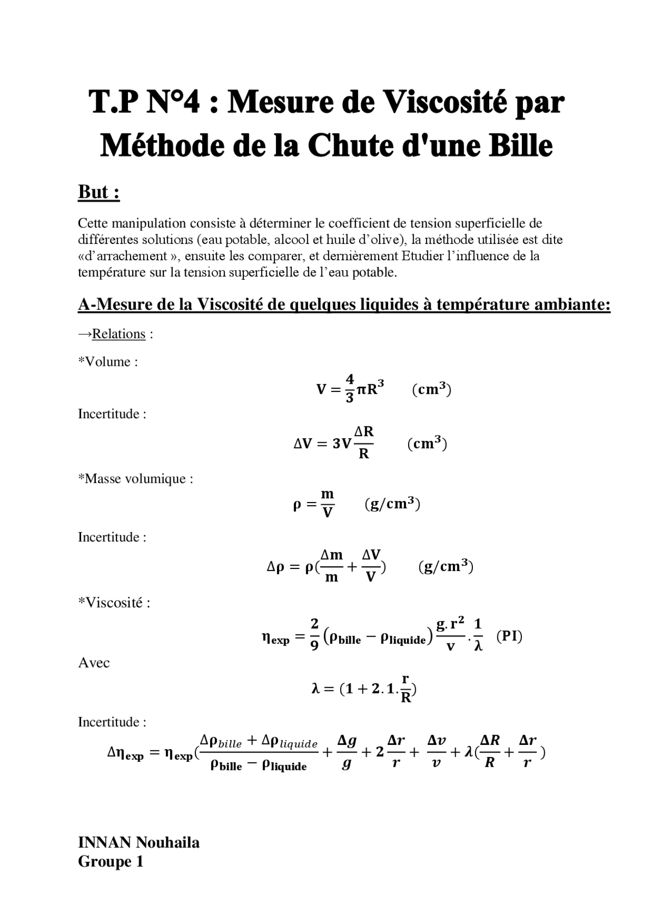 Mesure de Viscosité par Méthode de la Chute d'une Bille - Docsity