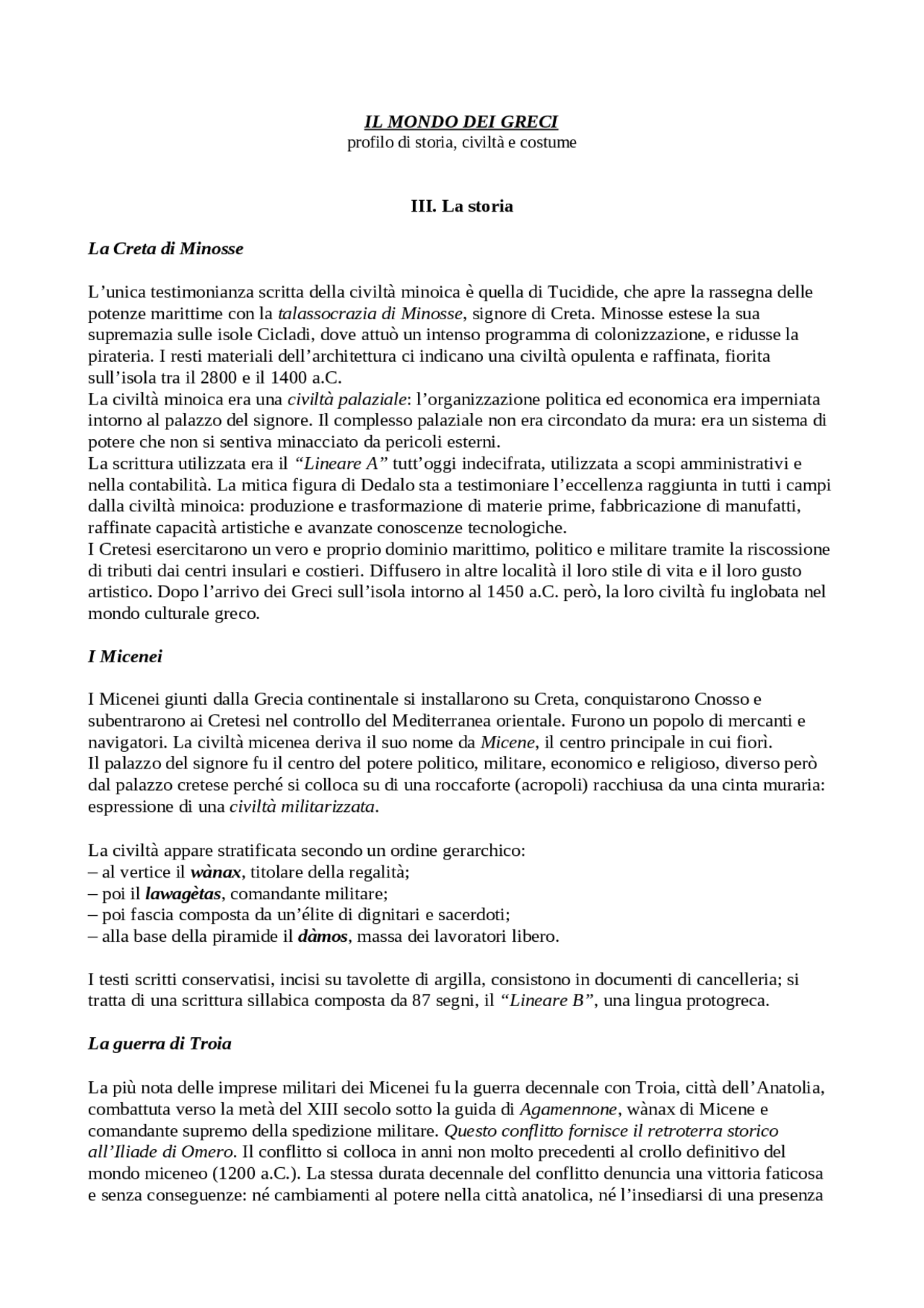 Riassunto Il Mondo Dei Greci Docsity