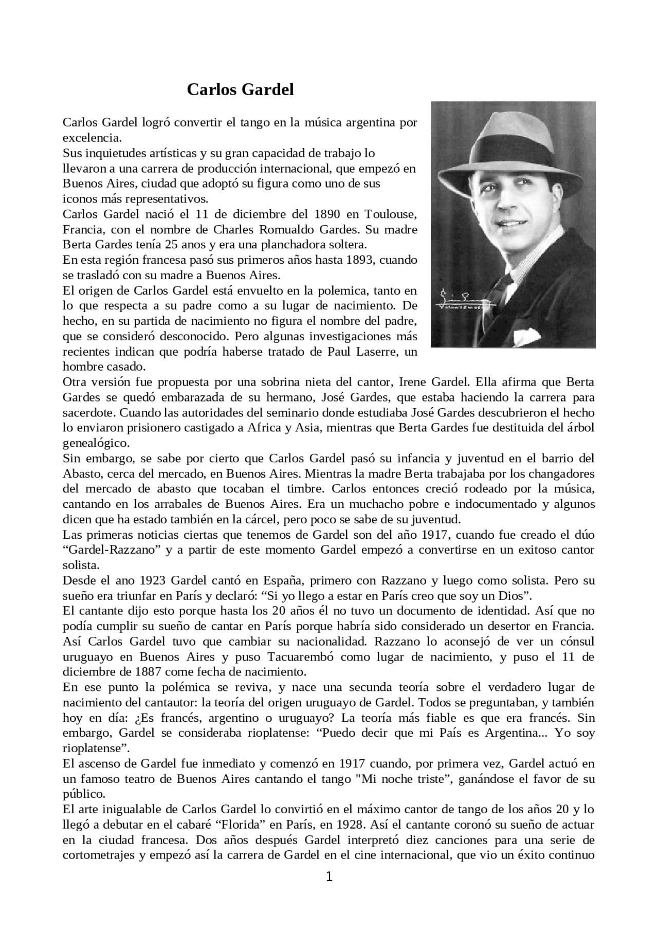 Carlos Gardel, tango y canciones - Docsity