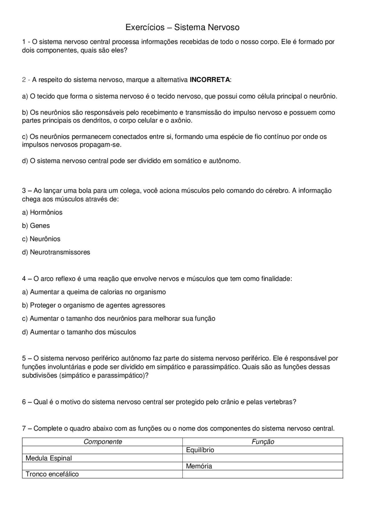 Exercícios Sistema Nervoso Docsity