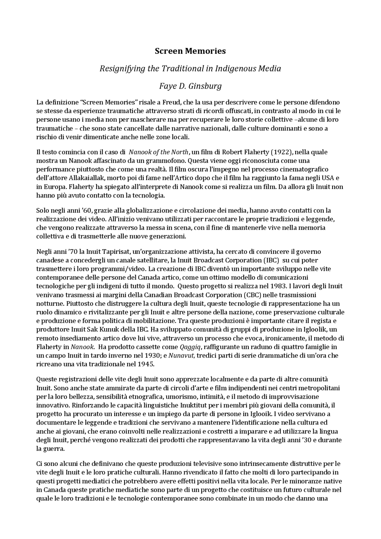 Riassunto Screen Memories - Docsity